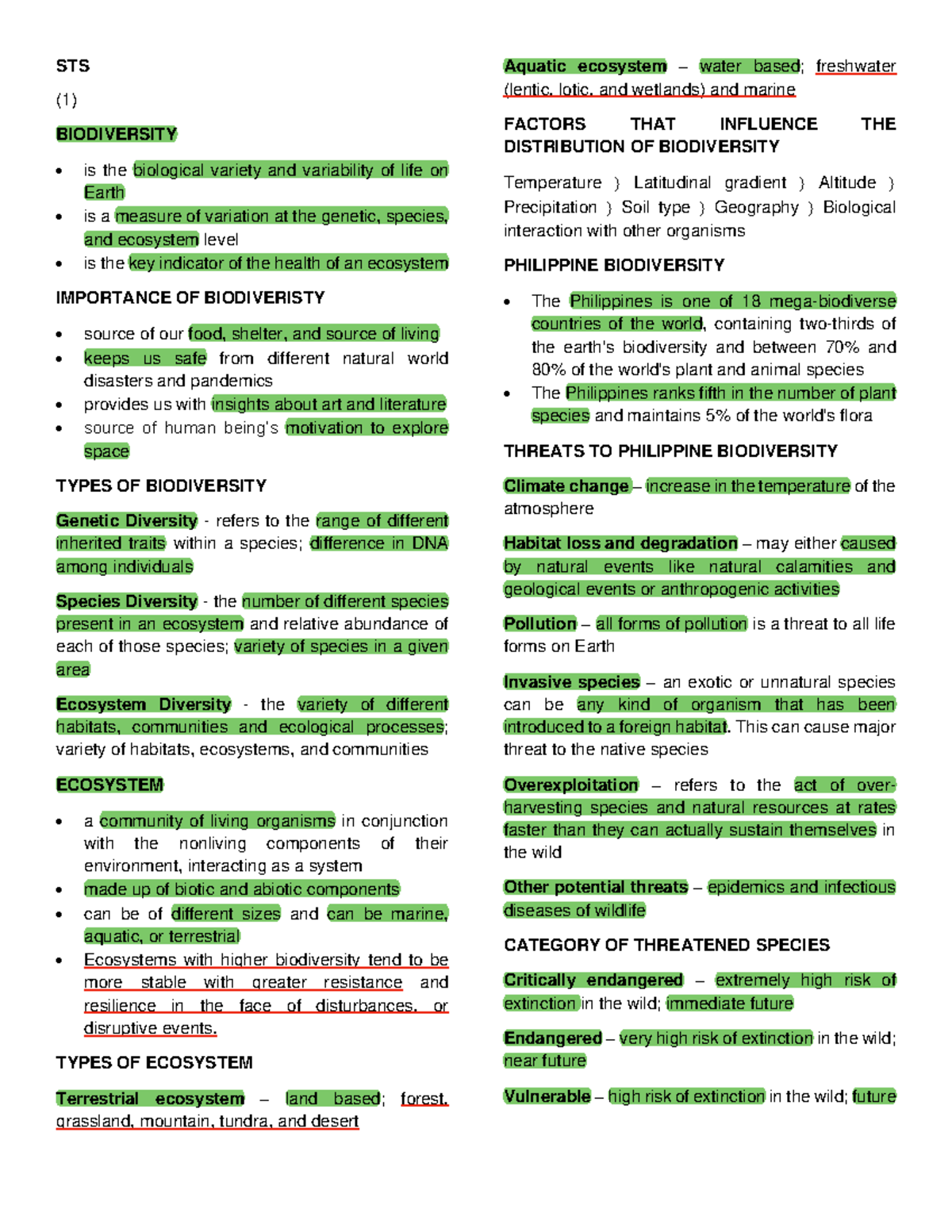 Sts-reviewer - midterms - STS (1) BIODIVERSITY is the biological ...