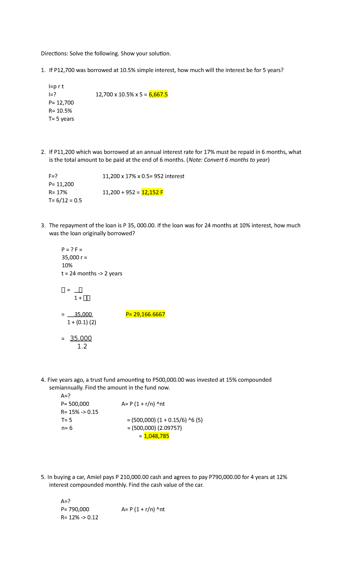 ASS4.The Mathematics of Finance - Directions: Solve the following. Show ...