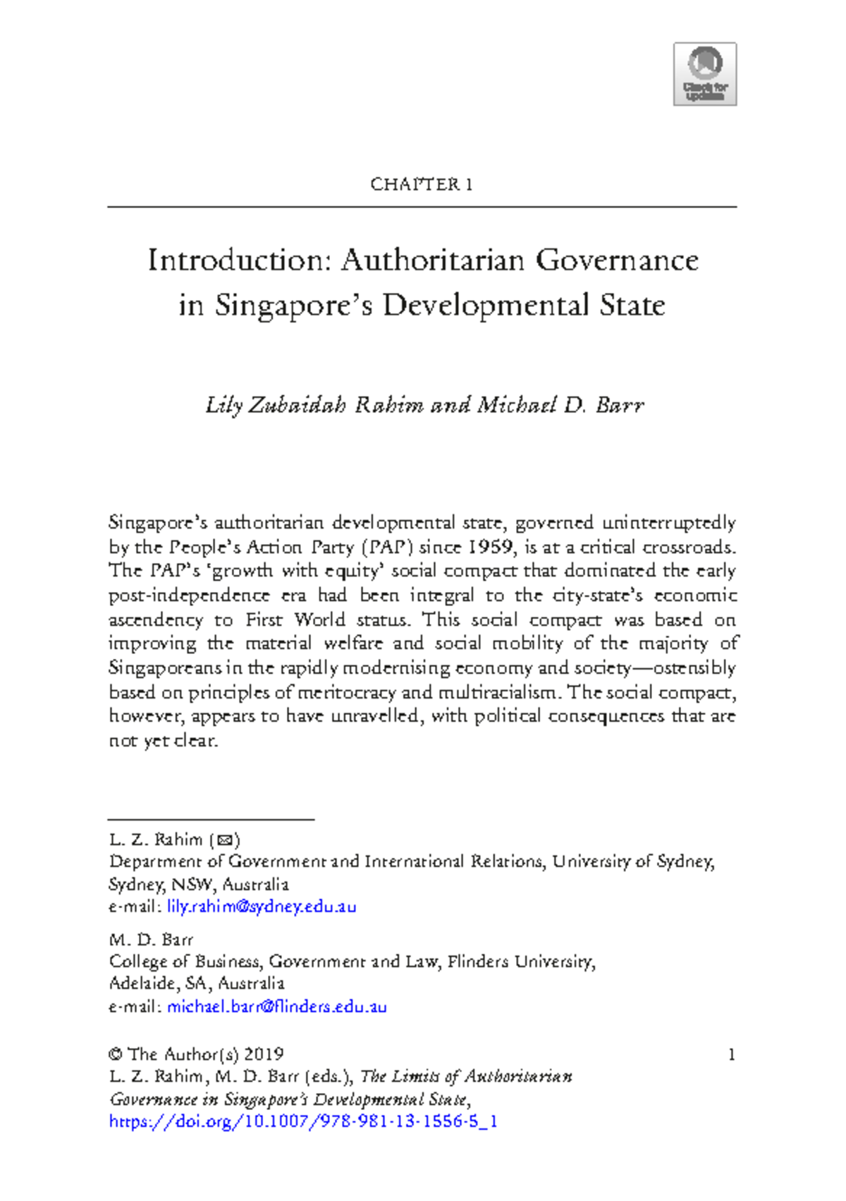 Rahim & Barr. 2019 . Introduction. The limits of authoritarian governance Singapore - © The ...