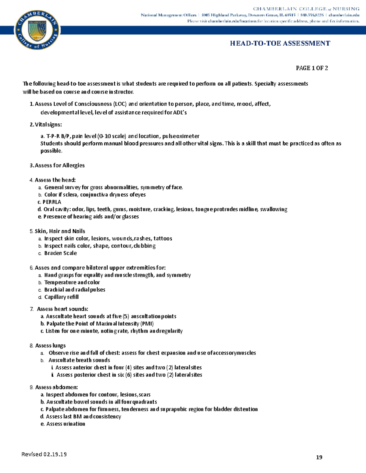 Head to Toe - HEAD-TO-TOE ASSESSMENT PAGE 1 OF 2 The following head-to ...