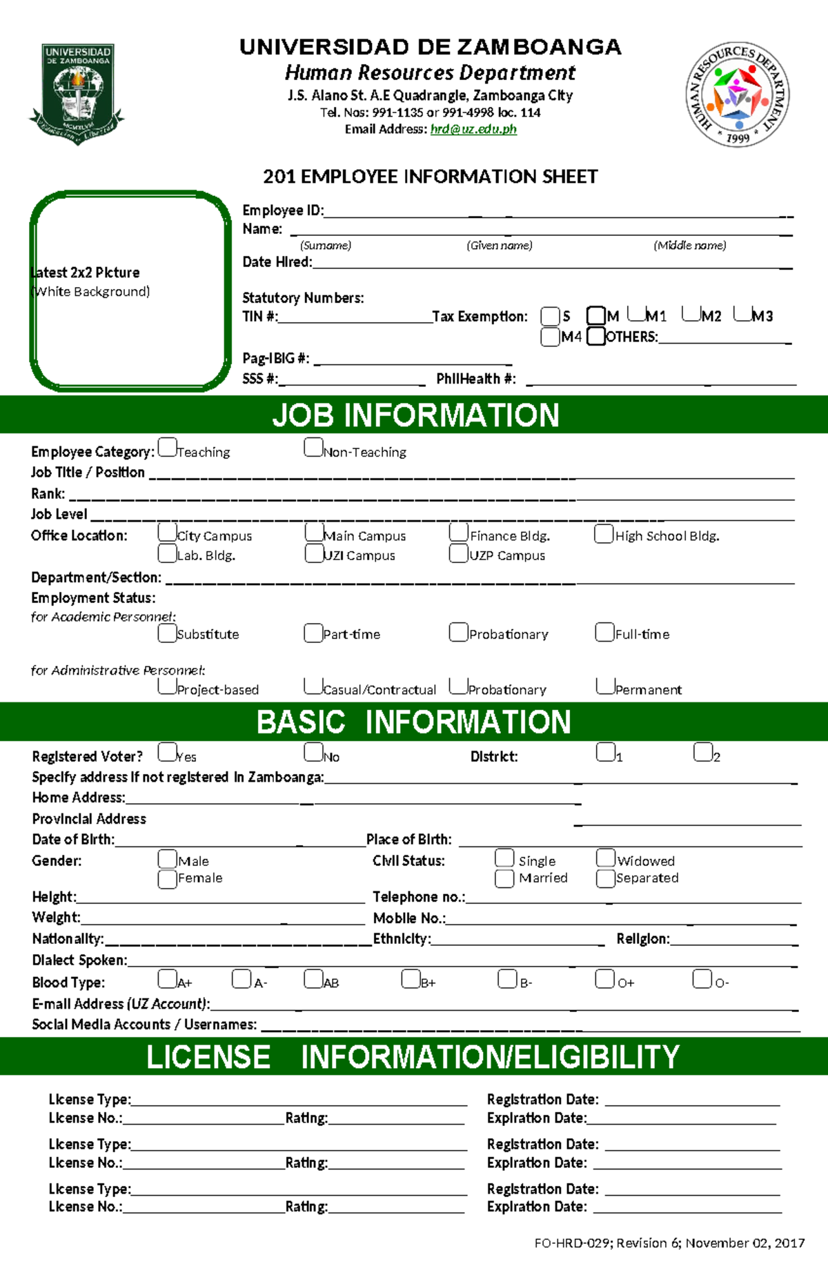 FO-HRD-029 201 Employee Information Sheet-Fillable-converted - Latest ...