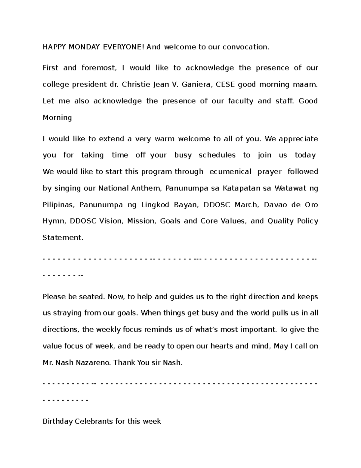 Happy Monday Everyone - SCRIPT - HAPPY MONDAY EVERYONE! And welcome to ...