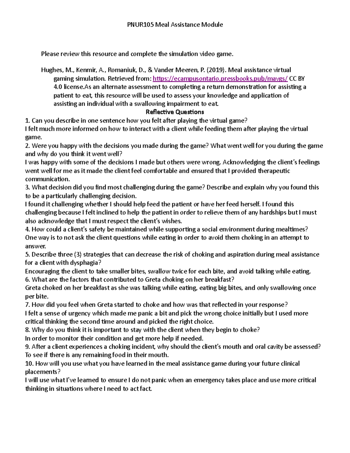 Meal Assistance Reflective Questions - PNUR105 Meal Assistance Module ...