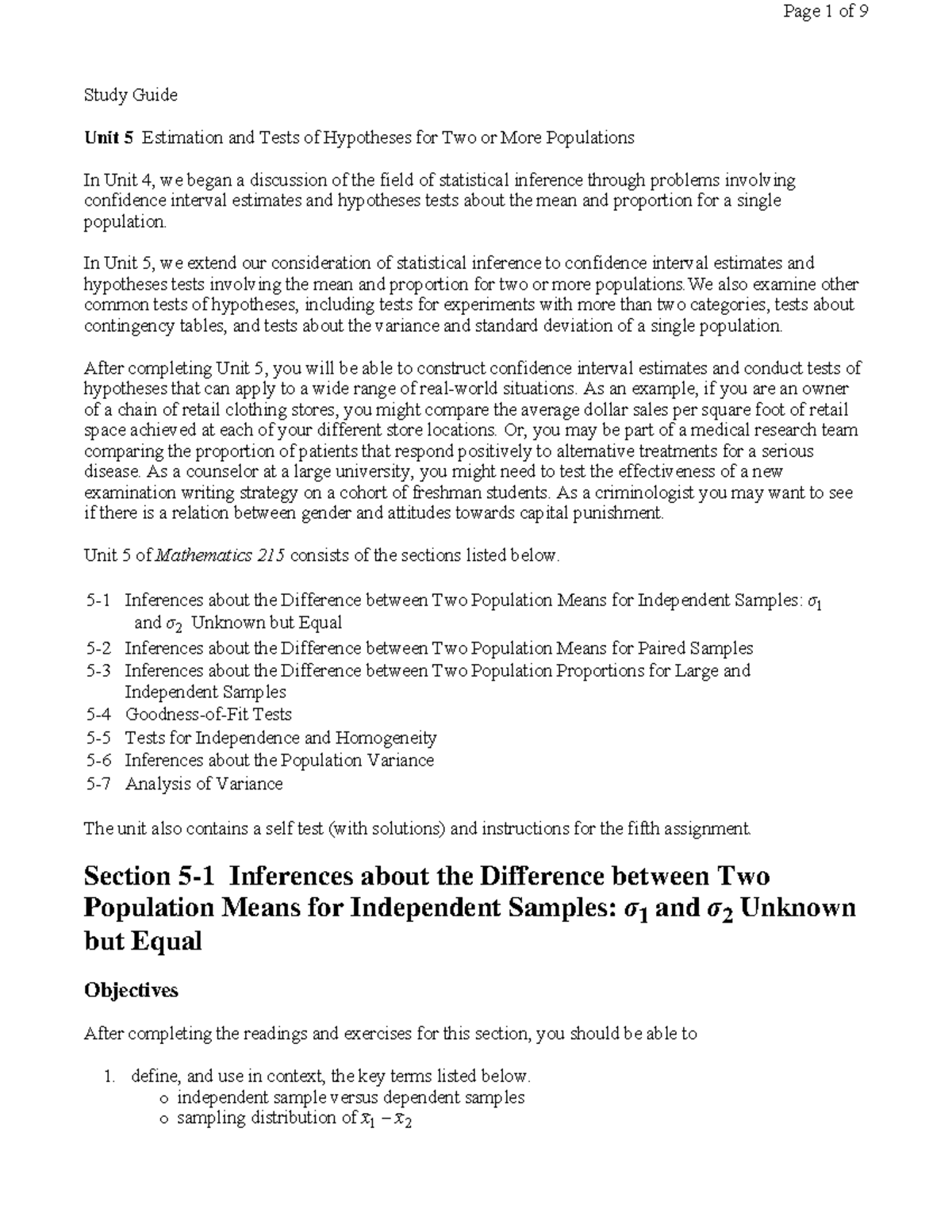 Unit5complete - Page 1 of 9 Study Guide Unit 5 Estimation and Tests of ...