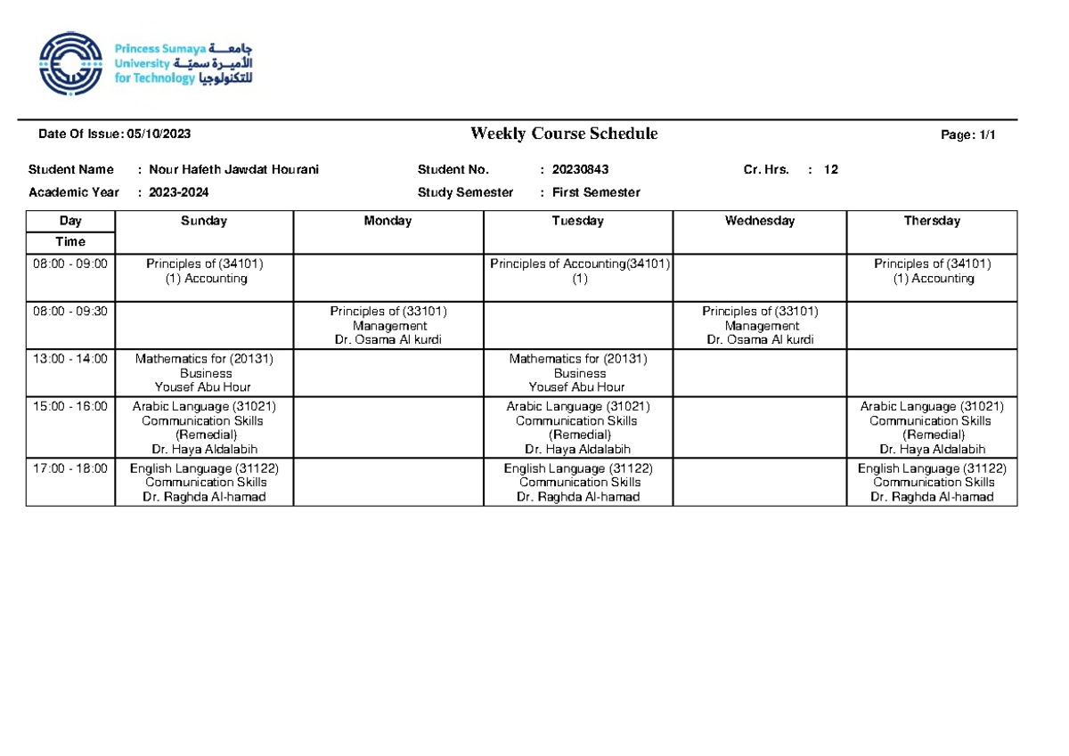Student Schedule E - Date Of Issue: 05/10/2023 Weekly Course Schedule ...