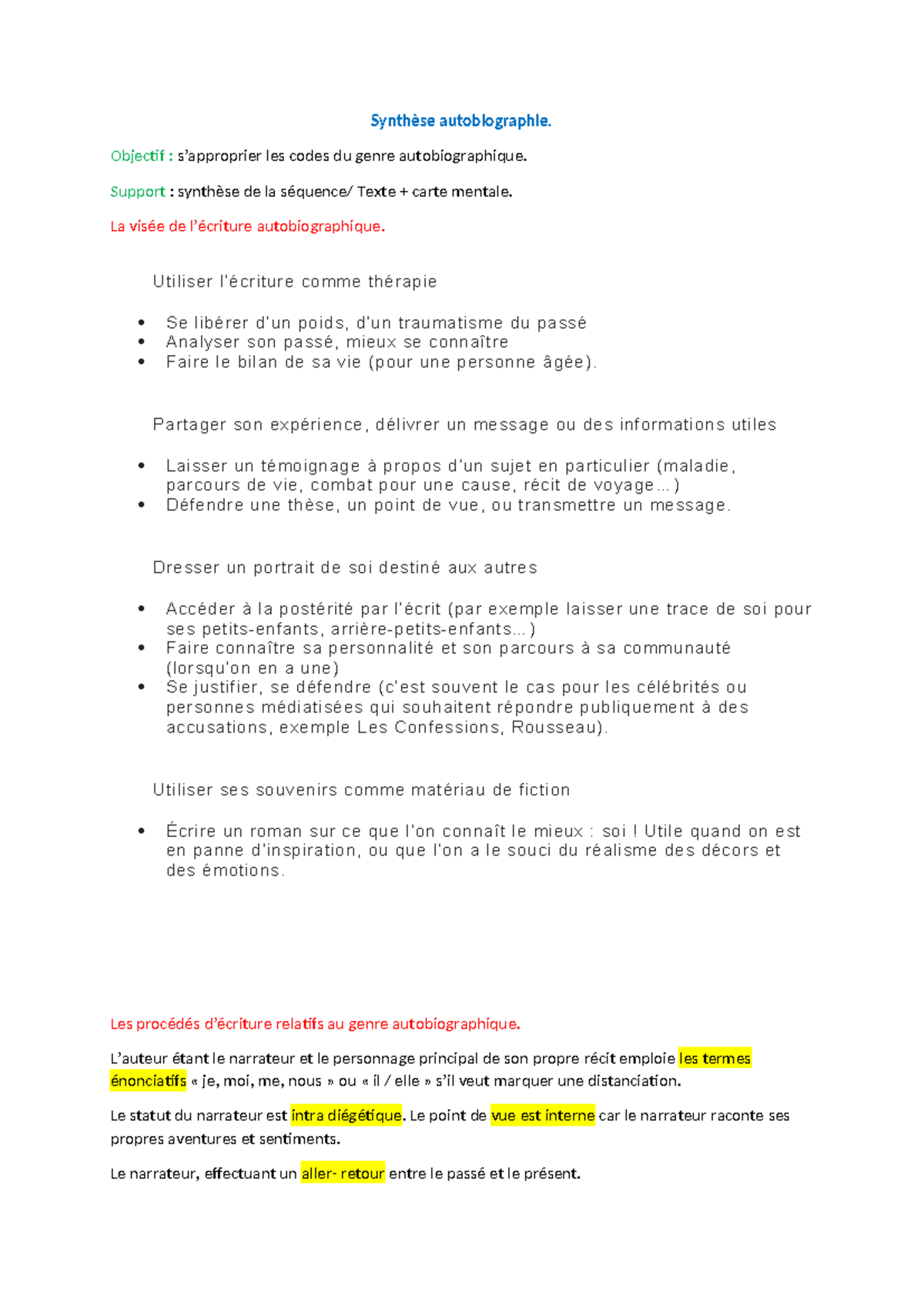 Synthèse autobiographie - Objectif : s’approprier les codes du genre ...