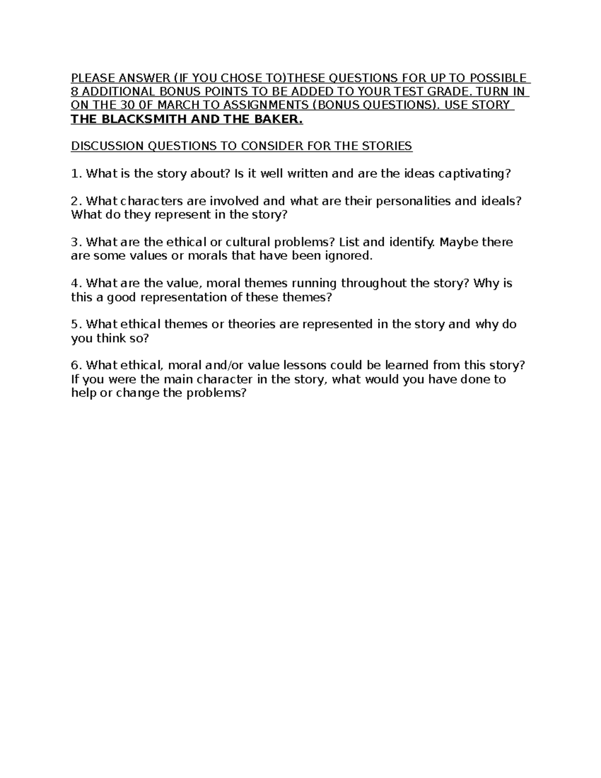 Discussion Questions TO Consider FOR THE Stories (1)-1 - PLEASE ANSWER ...