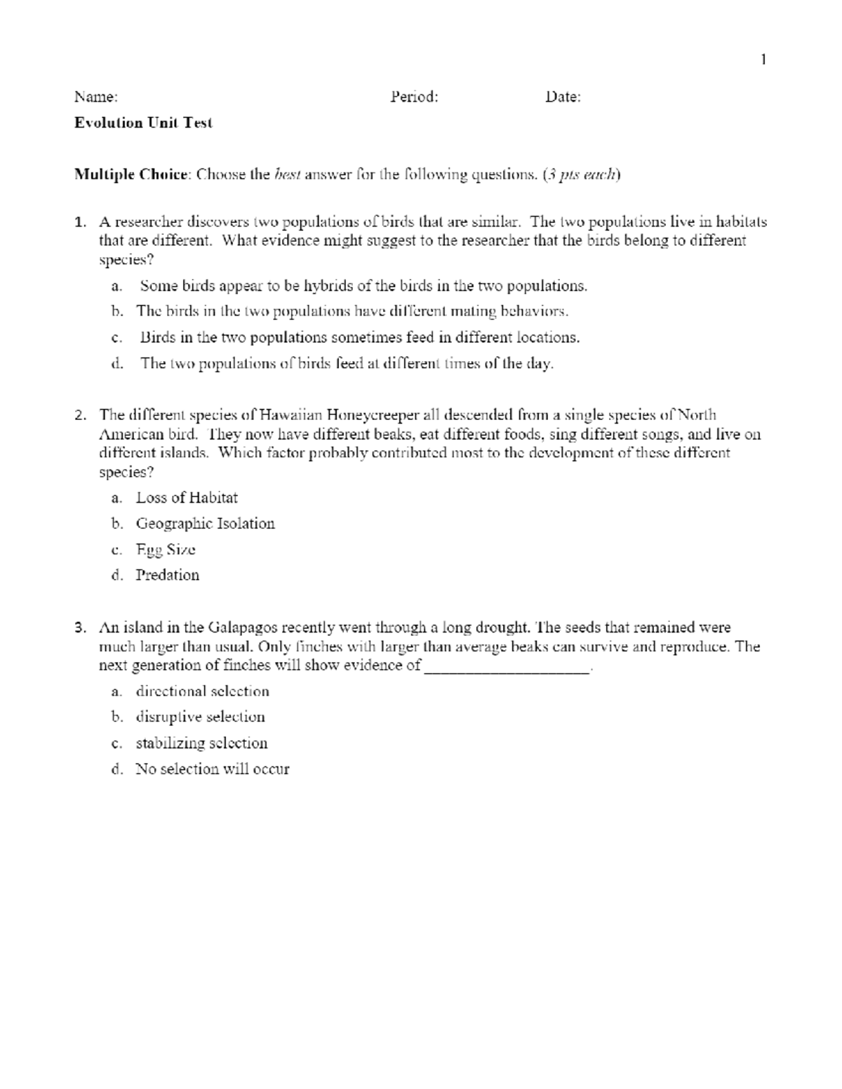 Evolution Test and Answer Key - Ecology and General Biology - Studocu