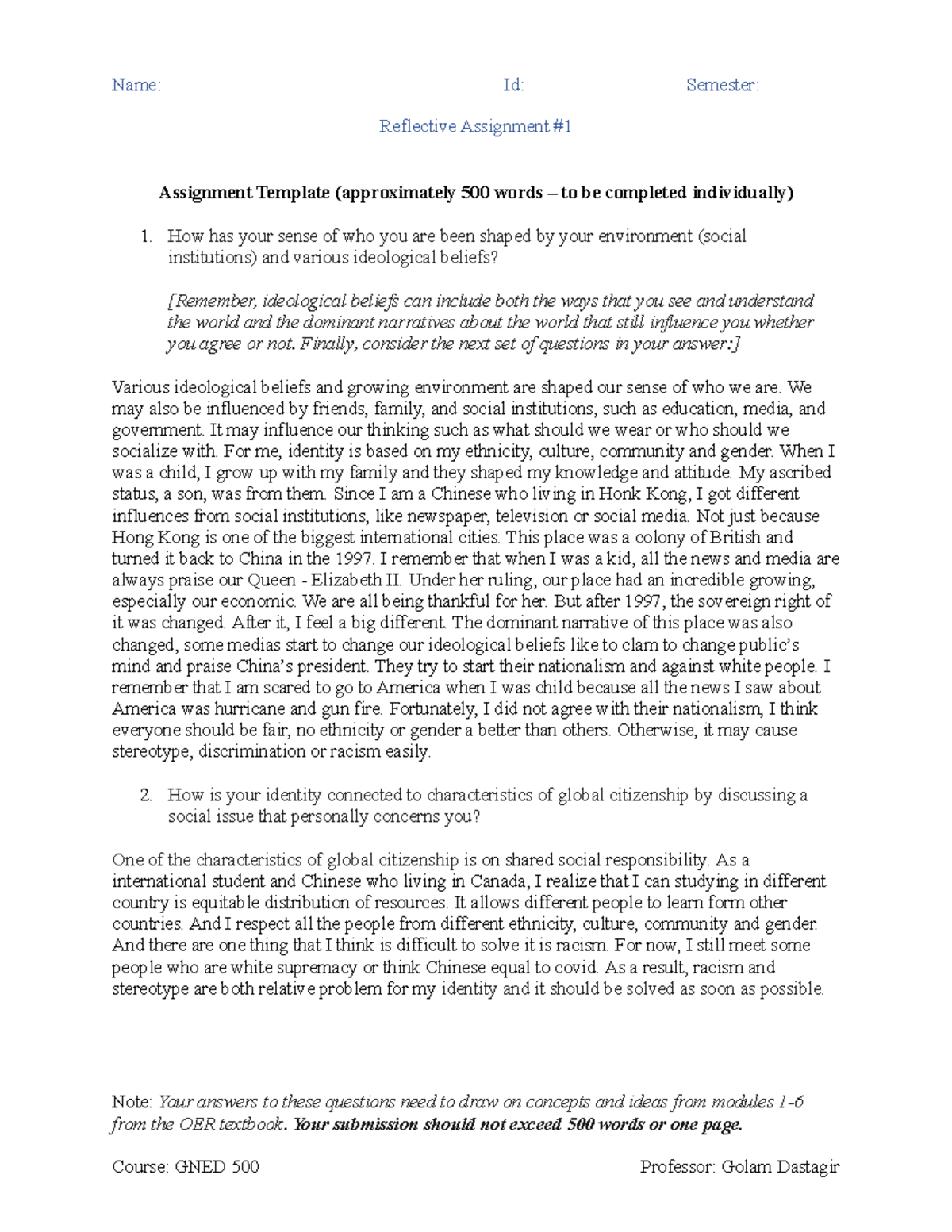 Template Reflective Assignment 11 - Name: Id: Semester: Reflective ...