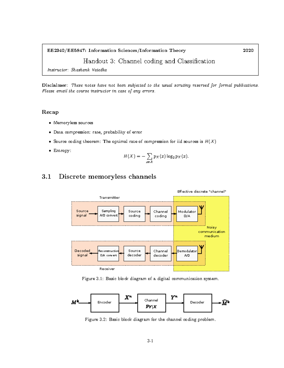 Class 3 - channel capacity - EE2340/EE5847: Information Sciences ...