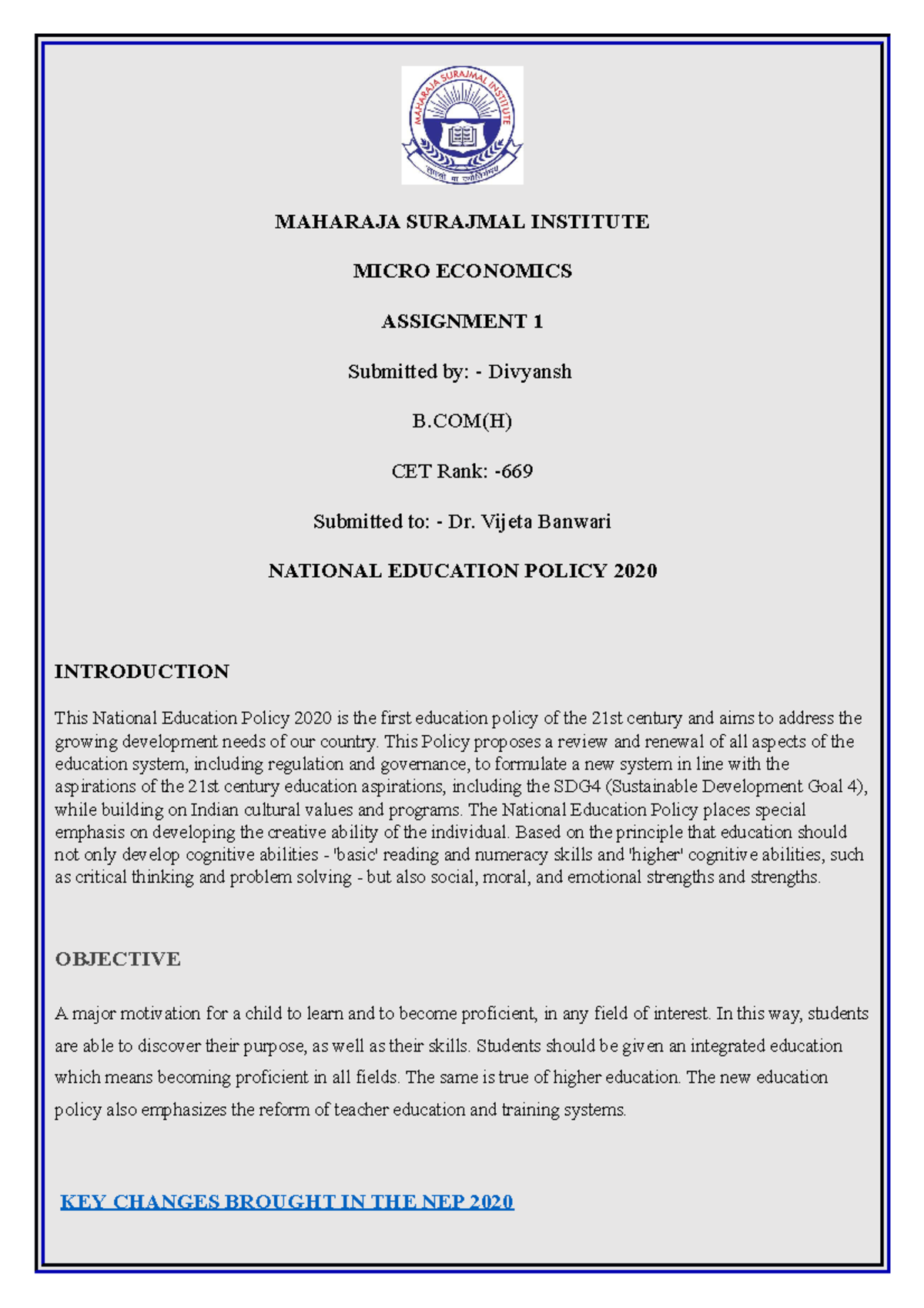 Divyansh National Education Policy 2020 assignment - MAHARAJA SURAJMAL ...
