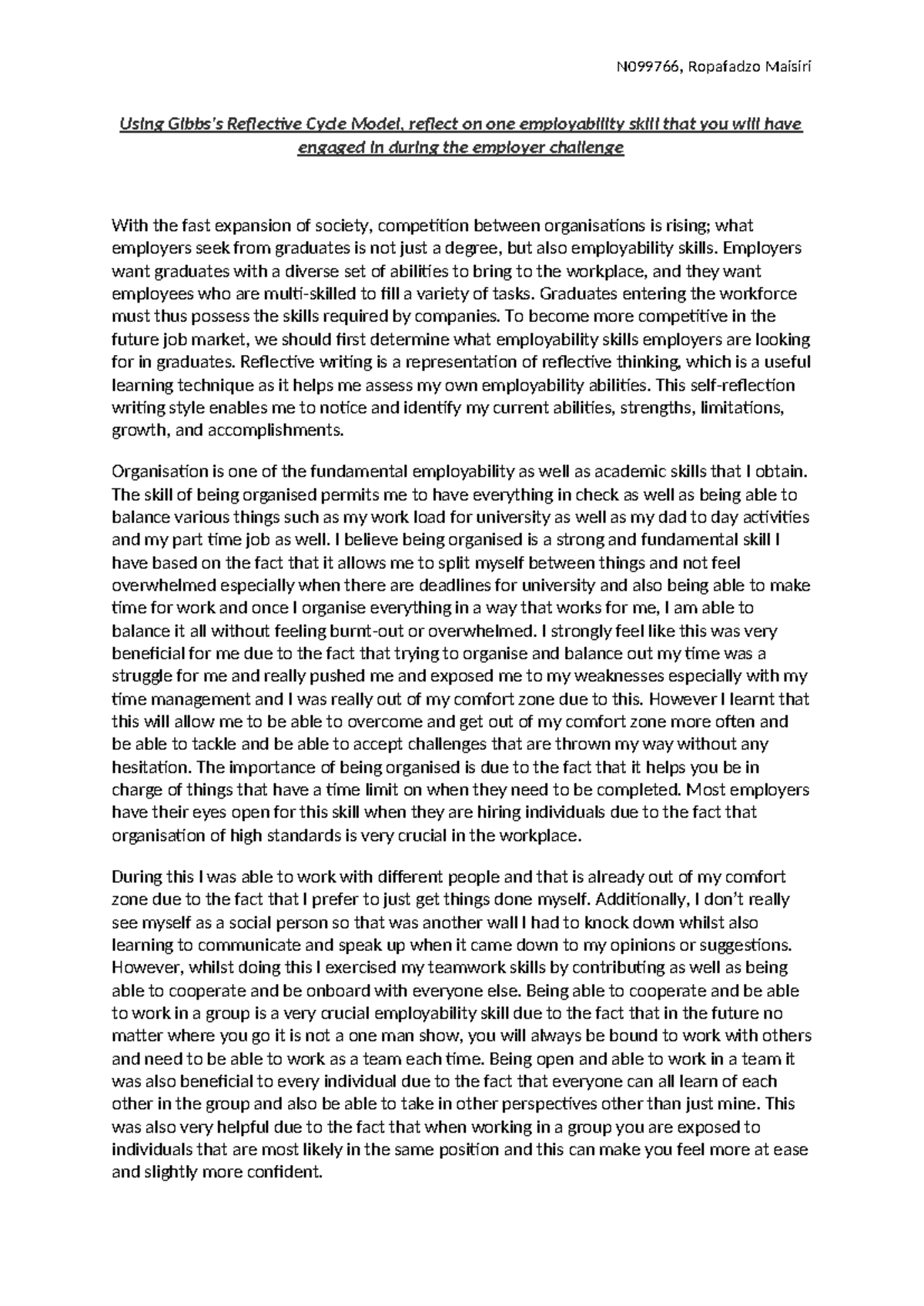 Employability reflection - N099766, Ropafadzo Maisiri Using Gibbs's ...