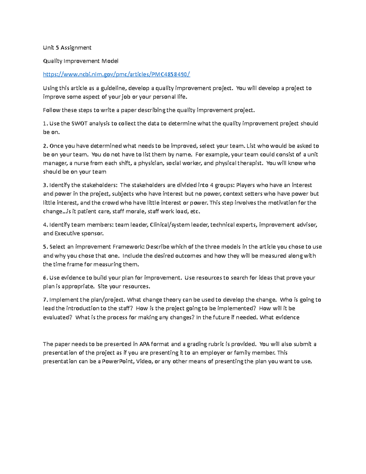 QI - QI project - Unit 5 Assignment Quality Improvement Model ncbi.nlm ...