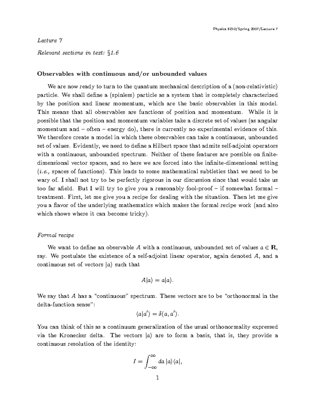 Observables With Continuous And Or Unbounded Values Lecture 7 Relevant Sections In Text§1