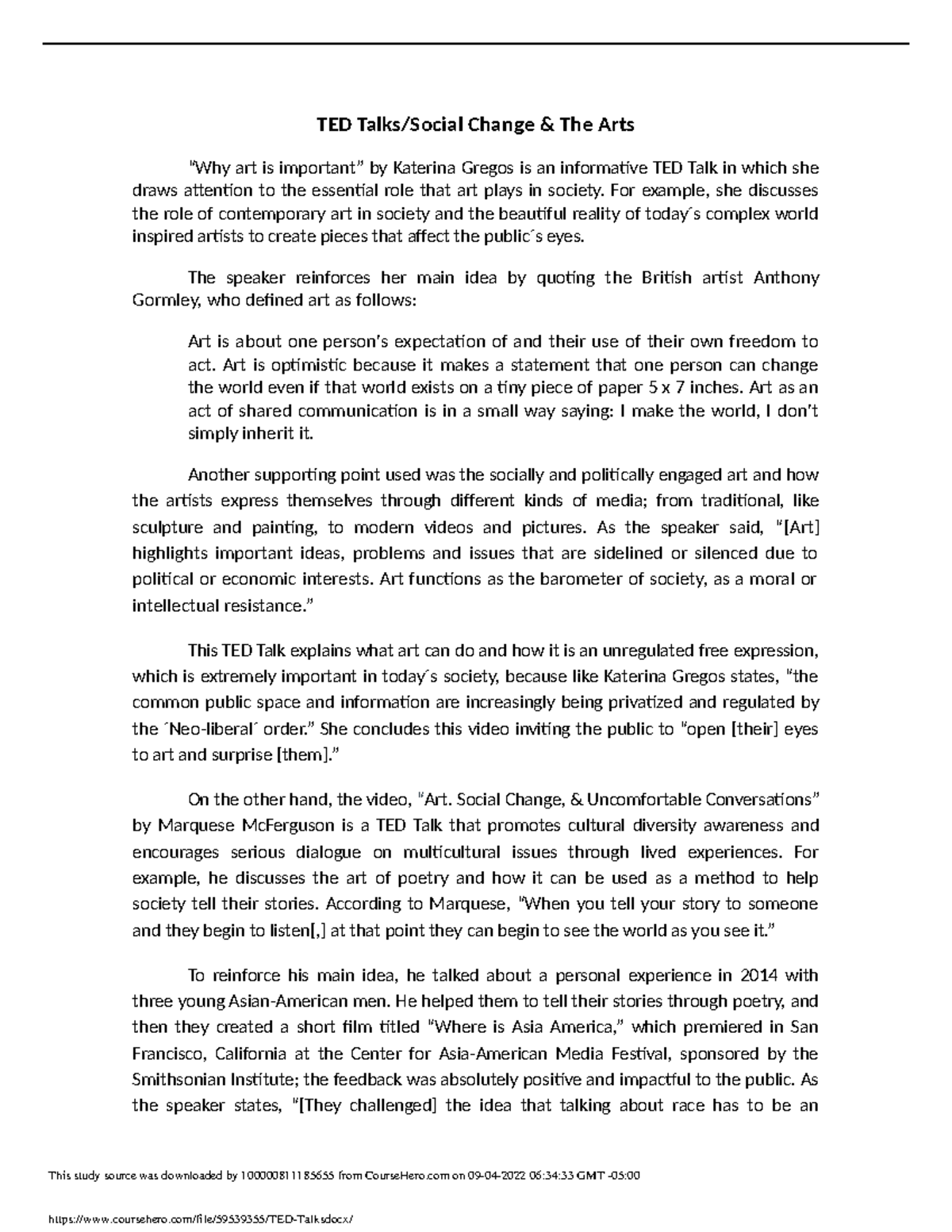 TED Talks - Reviewer - TED Talks/Social Change & The Arts “Why art is ...