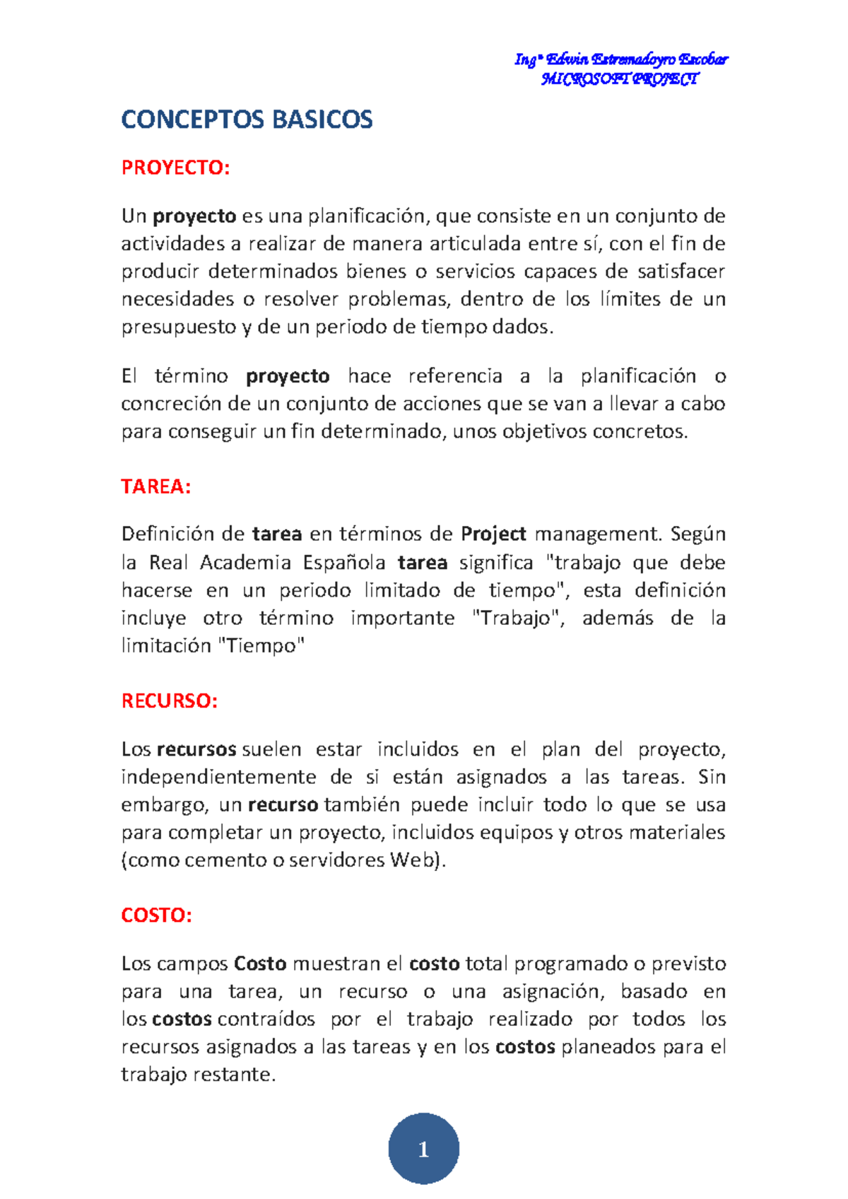 1. Conceptos Basicos y Manejo de Tareas - MICROSOFT PROJECT CONCEPTOS ...