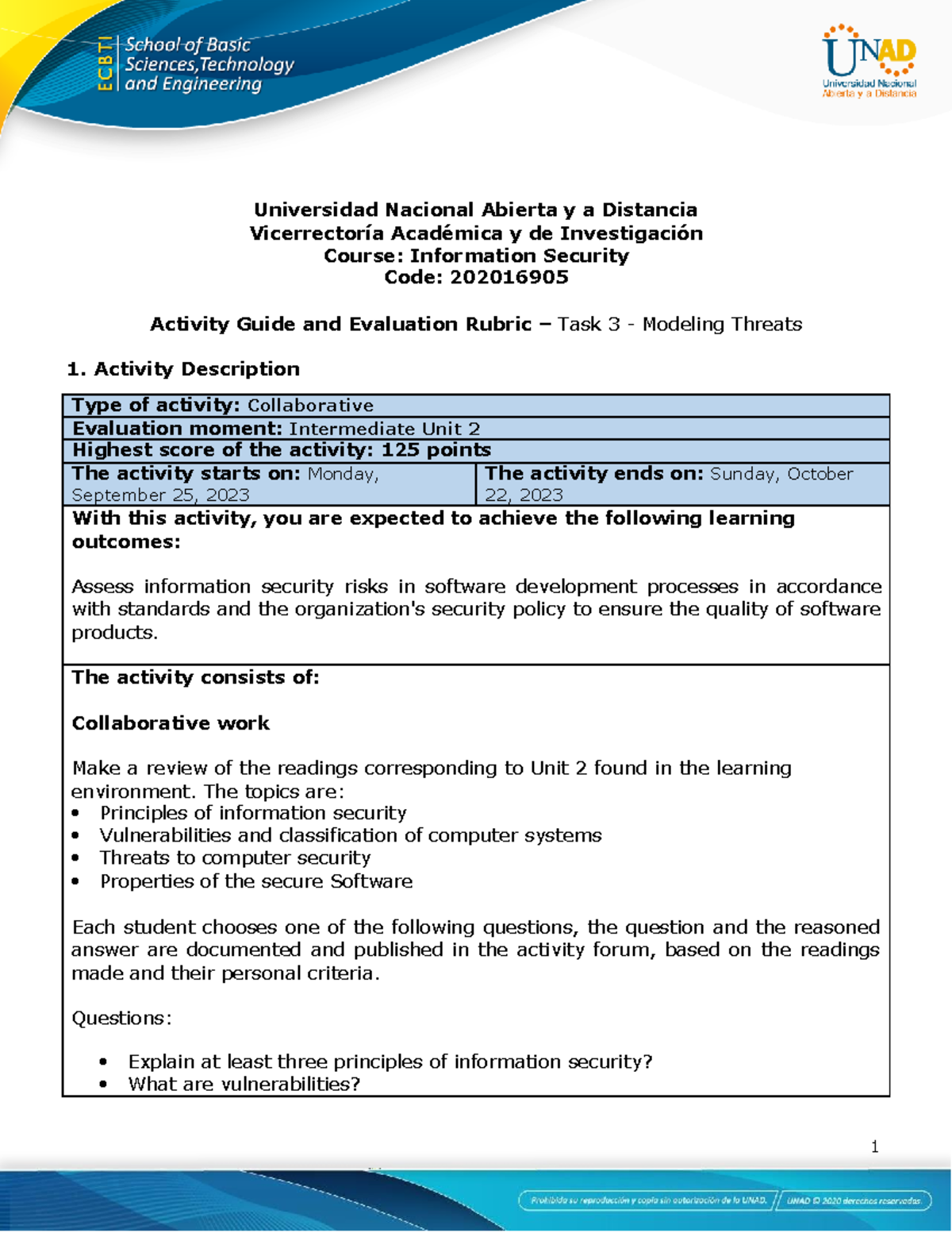 Activities guide and evaluation rubric - Unit 2- Task 3 - Modeling Threats - 1 Universidad ...