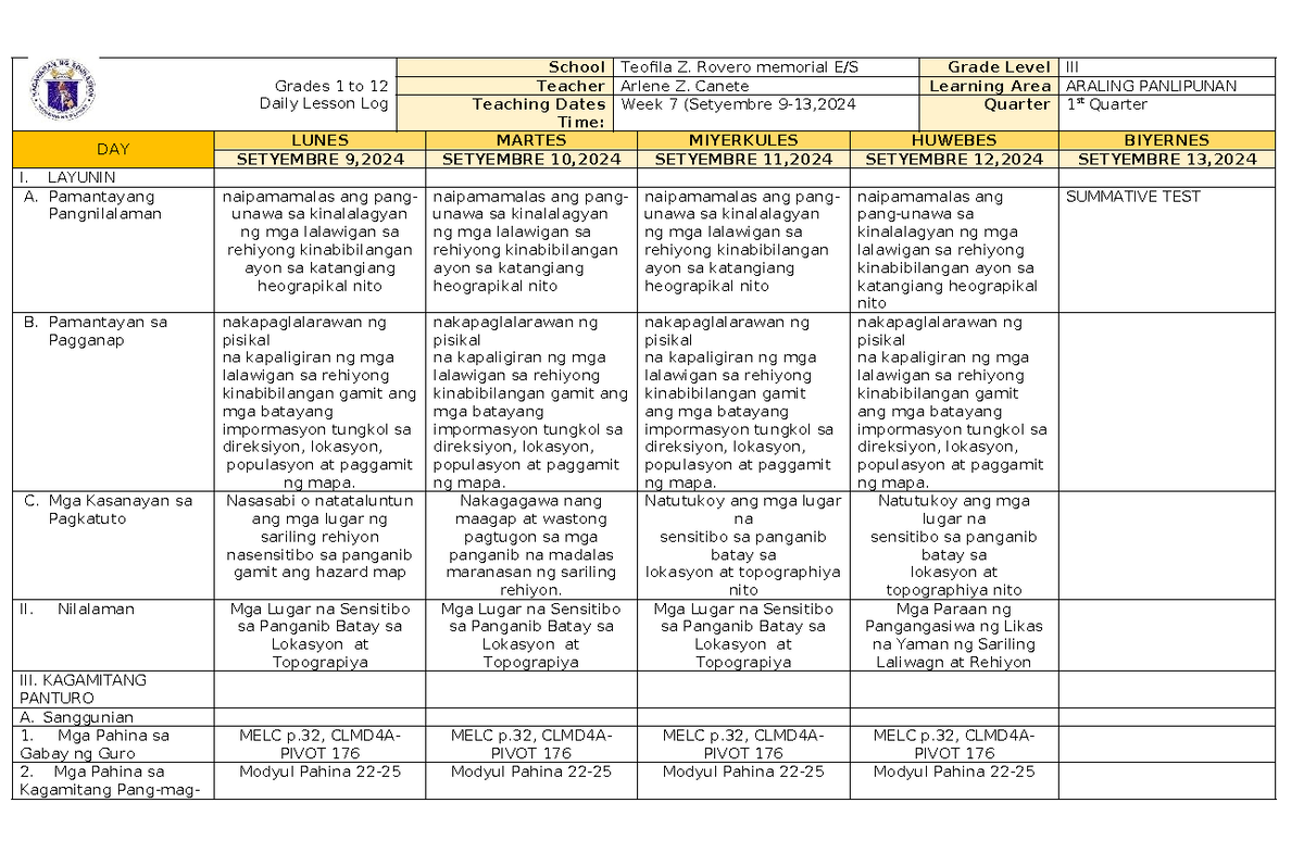 DLL- Araling Panlipunan-Q1-WEEK 7 - Grades 1 to 12 Daily Lesson Log School Teofila Z. Rovero ...