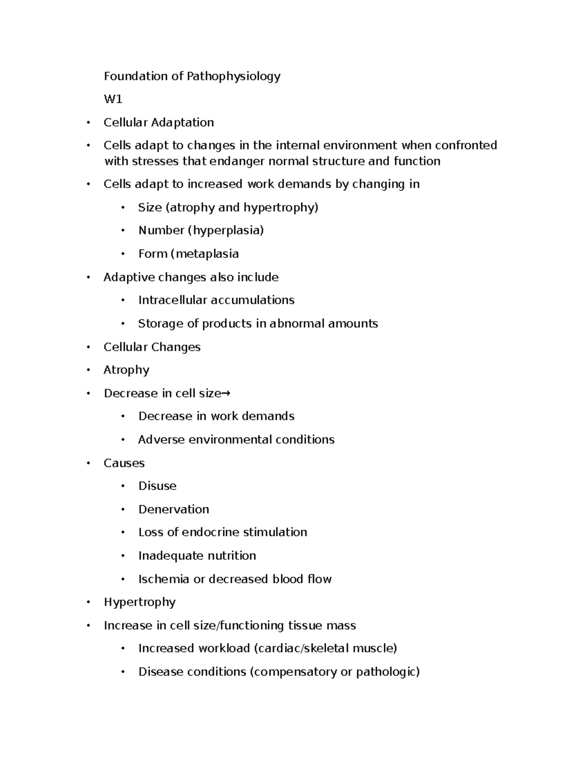 W1 pathophysiology - Foundation of Pathophysiology W Cellular ...
