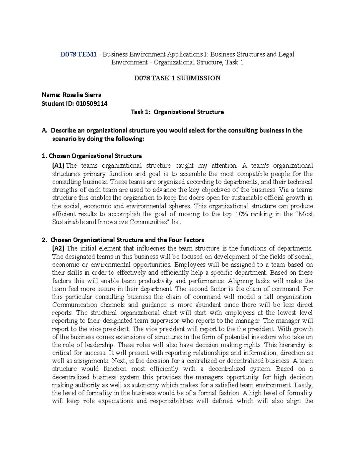 D078 Task 1 - D078 TEM1 - Business Environment Applications I: Business Structures and Legal ...