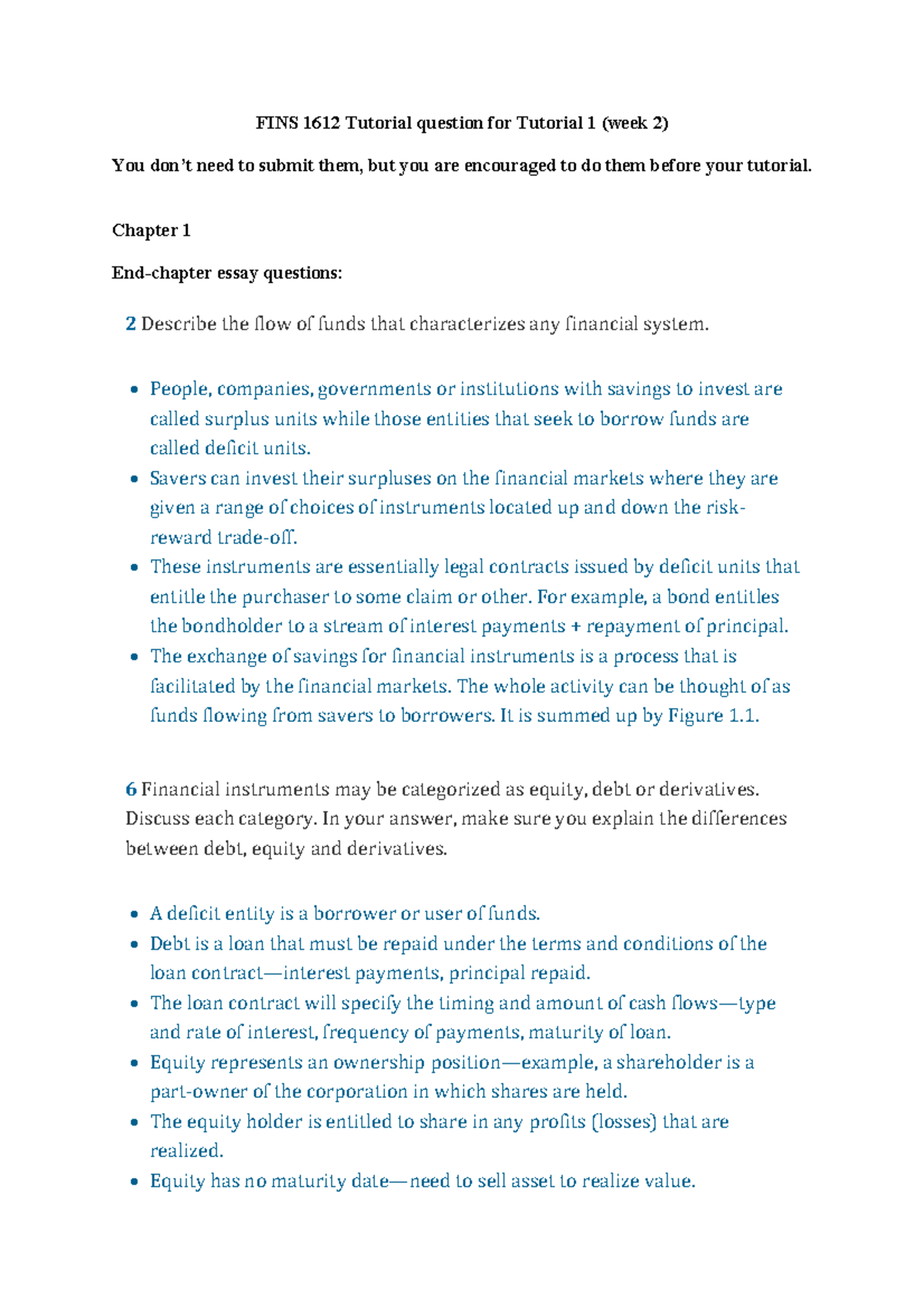 Homework question solution for tutorial in week 2 - FINS 1612 Tutorial ...