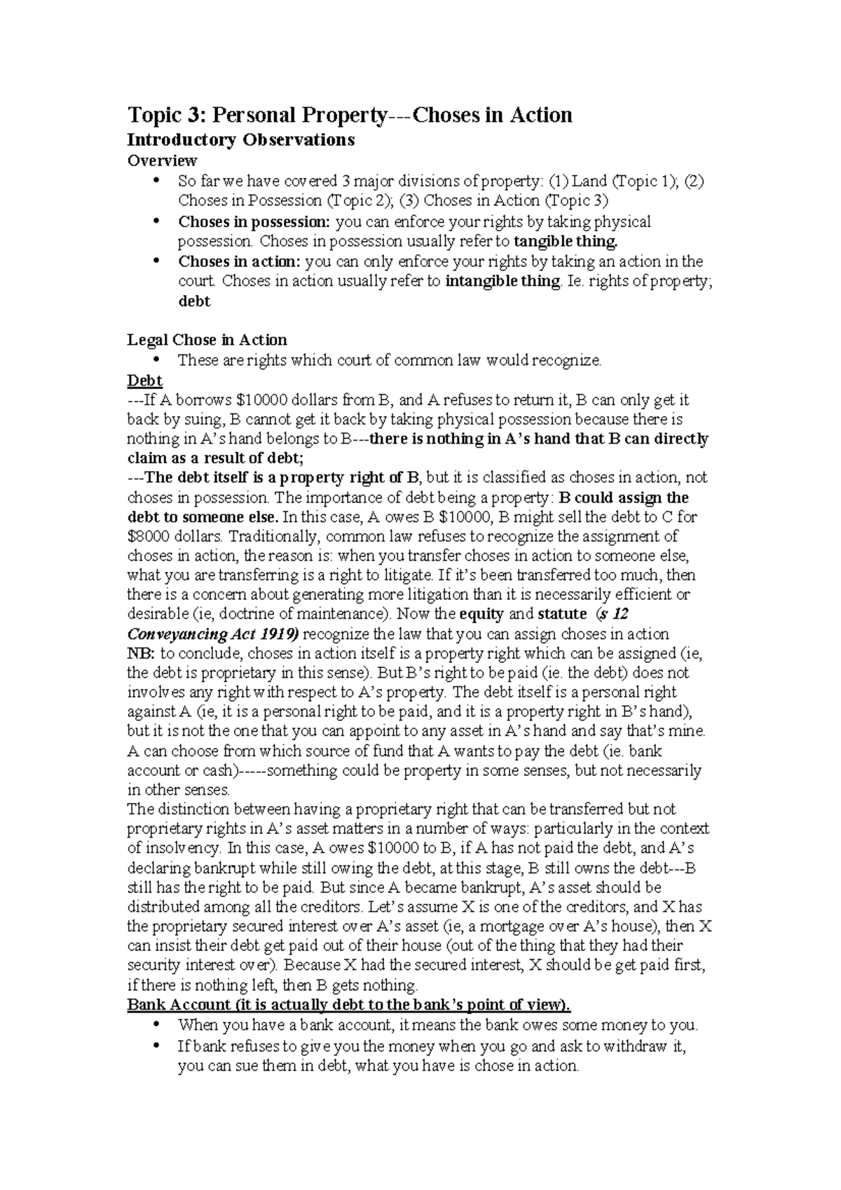 Legal and Equitable Choses in Action - Topic 3: Personal Property ...