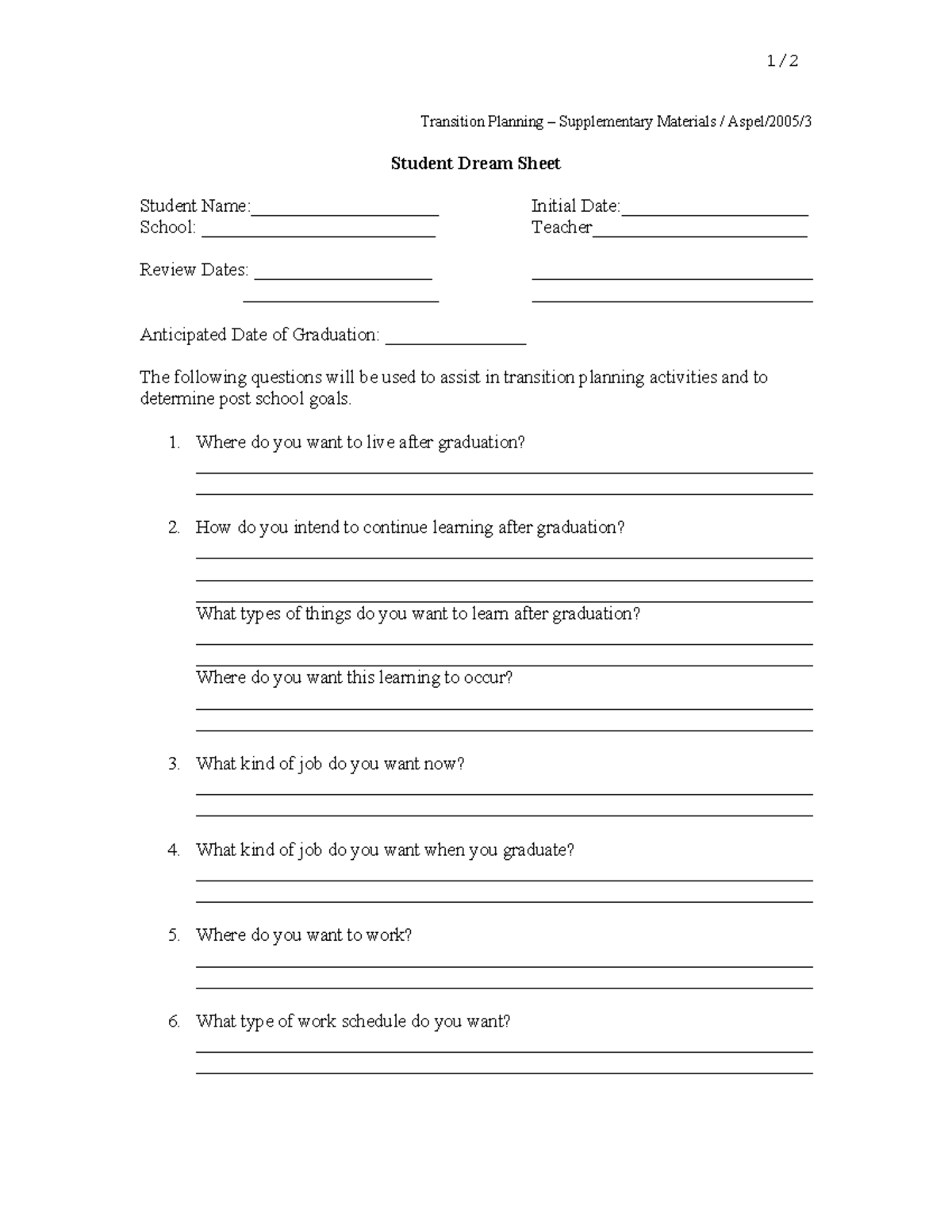 Student Dream Sheet - N/A - Transition Planning – Supplementary ...