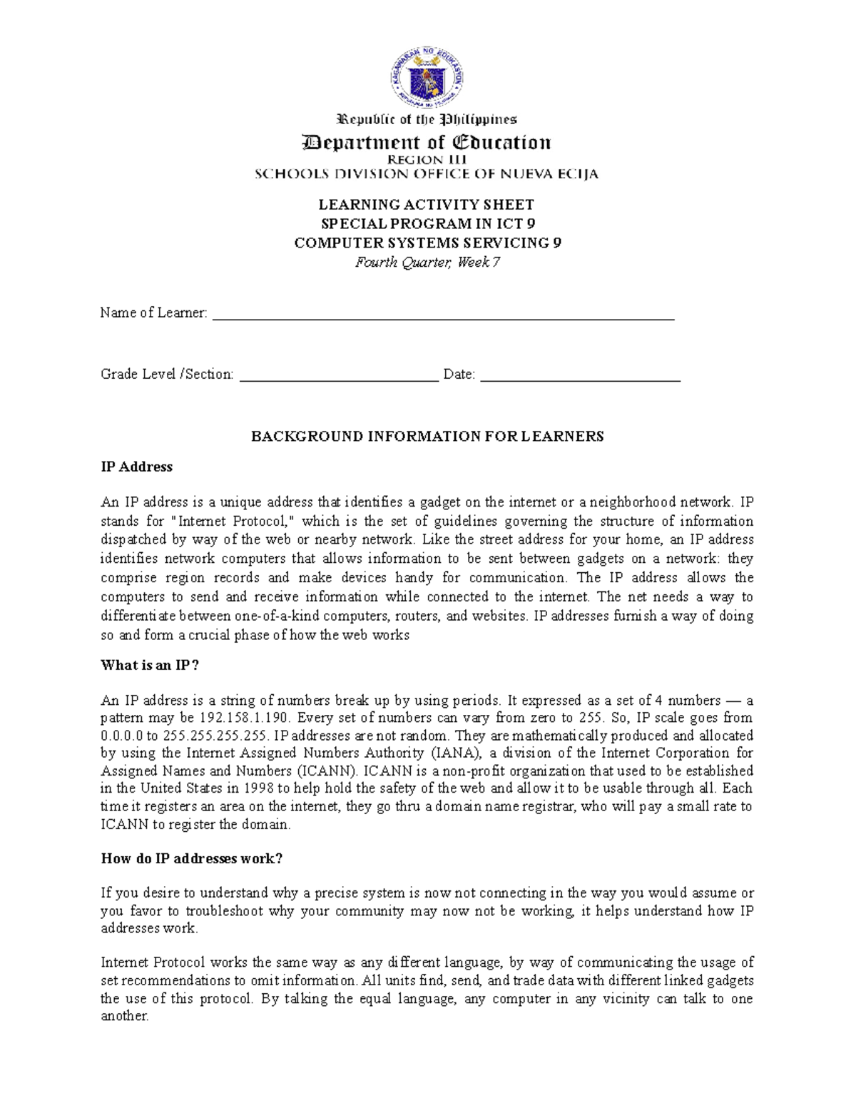 Q4 Week 7 Computer Programming Summative Exam Learning Activity Sheet Special Program In Ict 9 