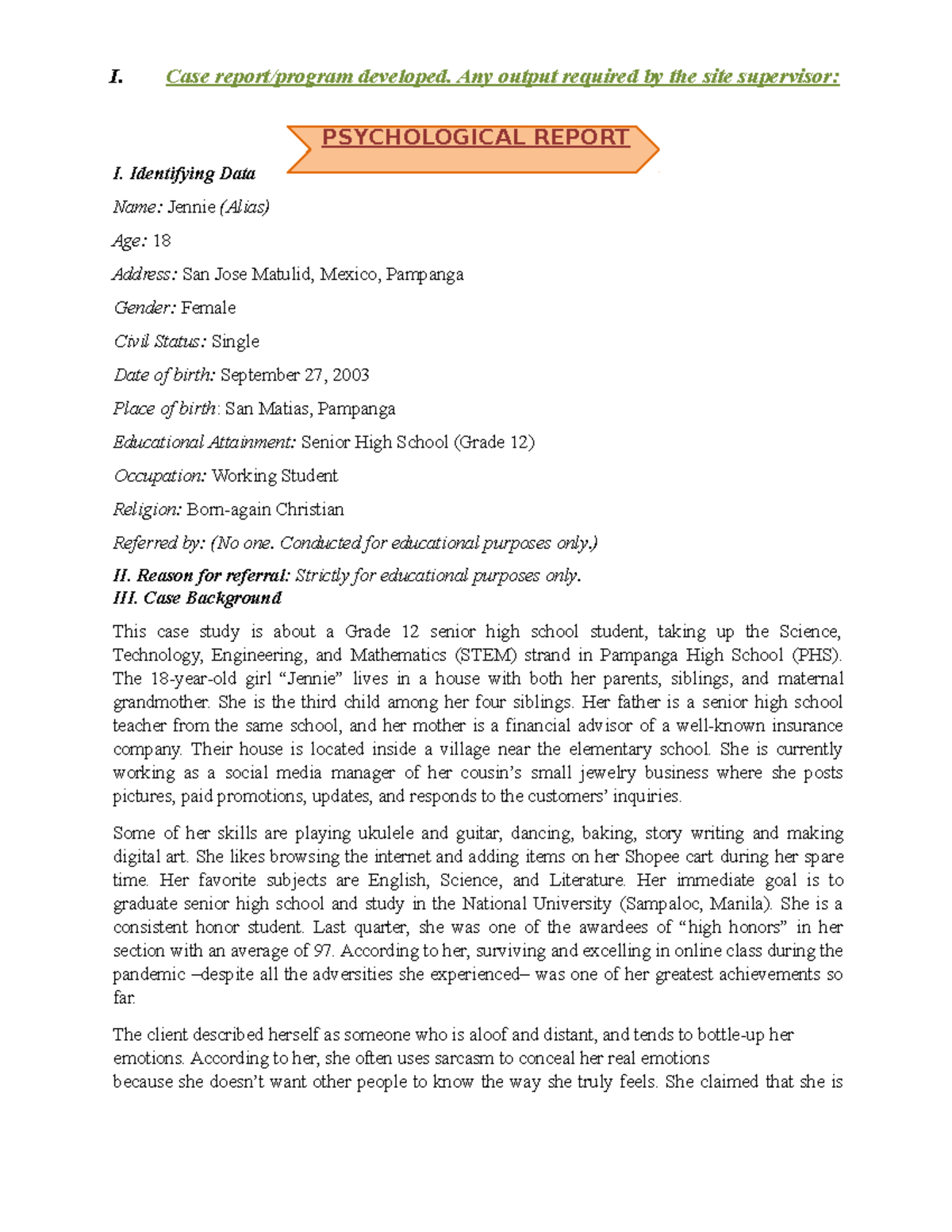 CASE Report [ Dhvsu]-Cabrera LJG Psych- Report-.docx - I. Case report ...