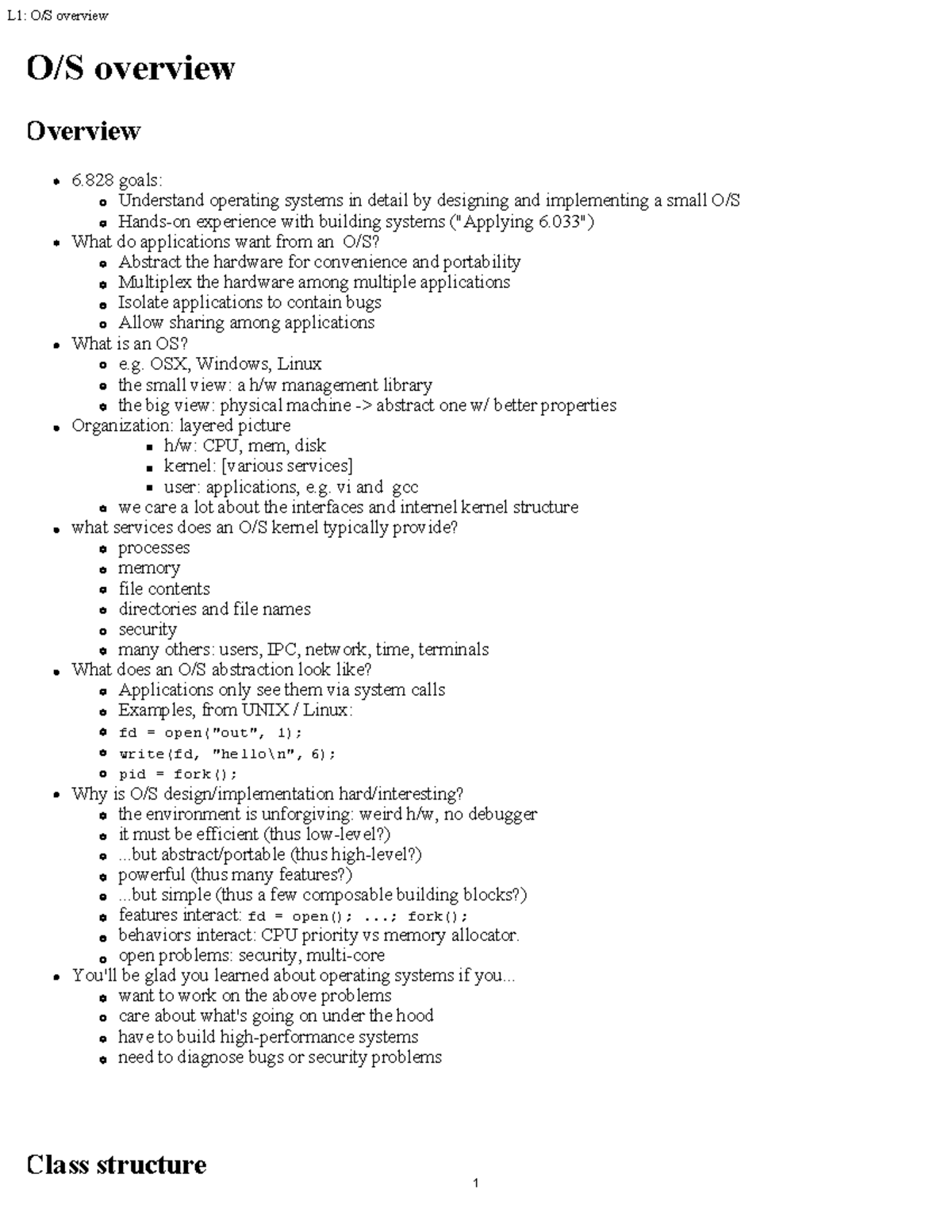Operating System Lecture 2 - O/S overview Overview 6 goals: Understand ...