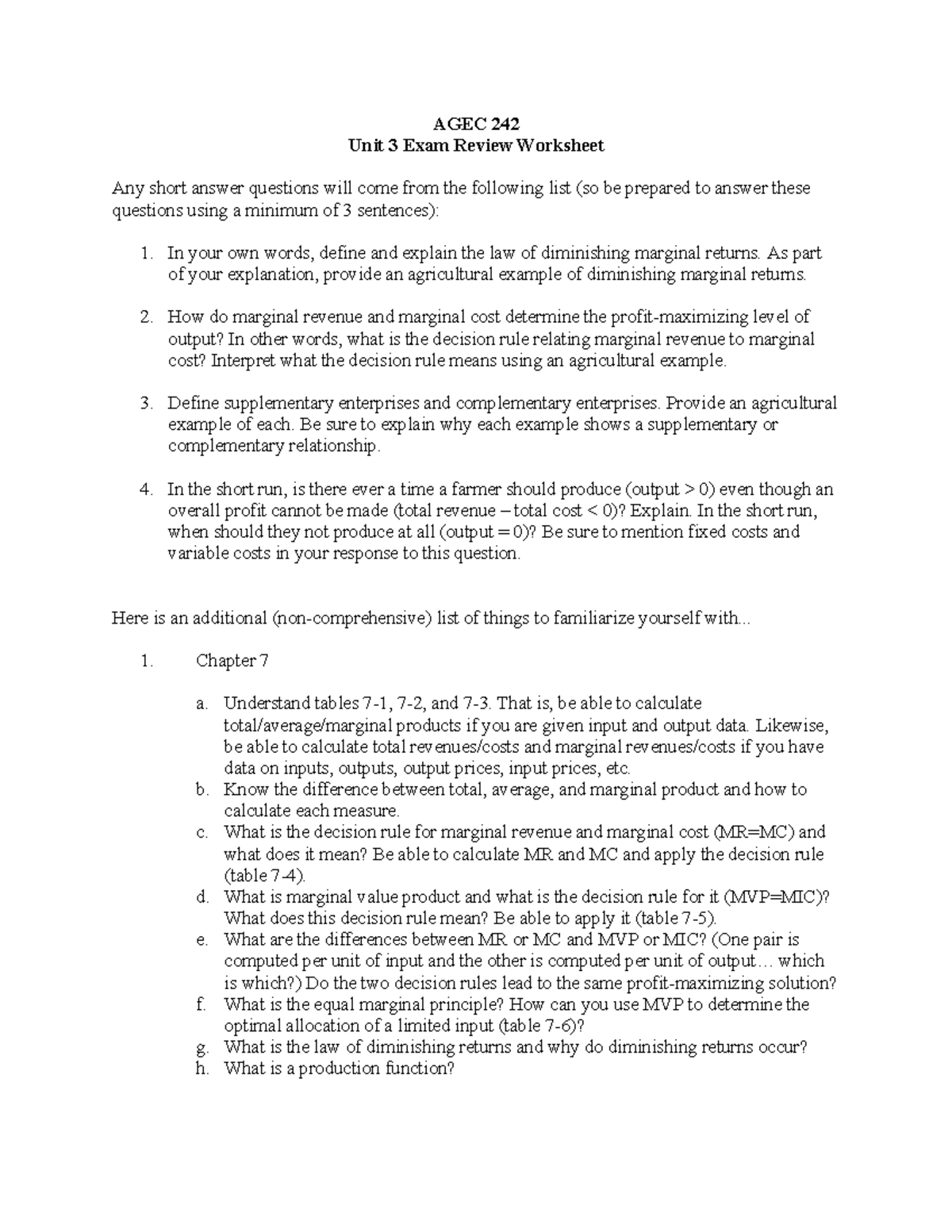 242, 2018 E2 Review - AGEC 242 Unit 3 Exam Review Worksheet Any short ...