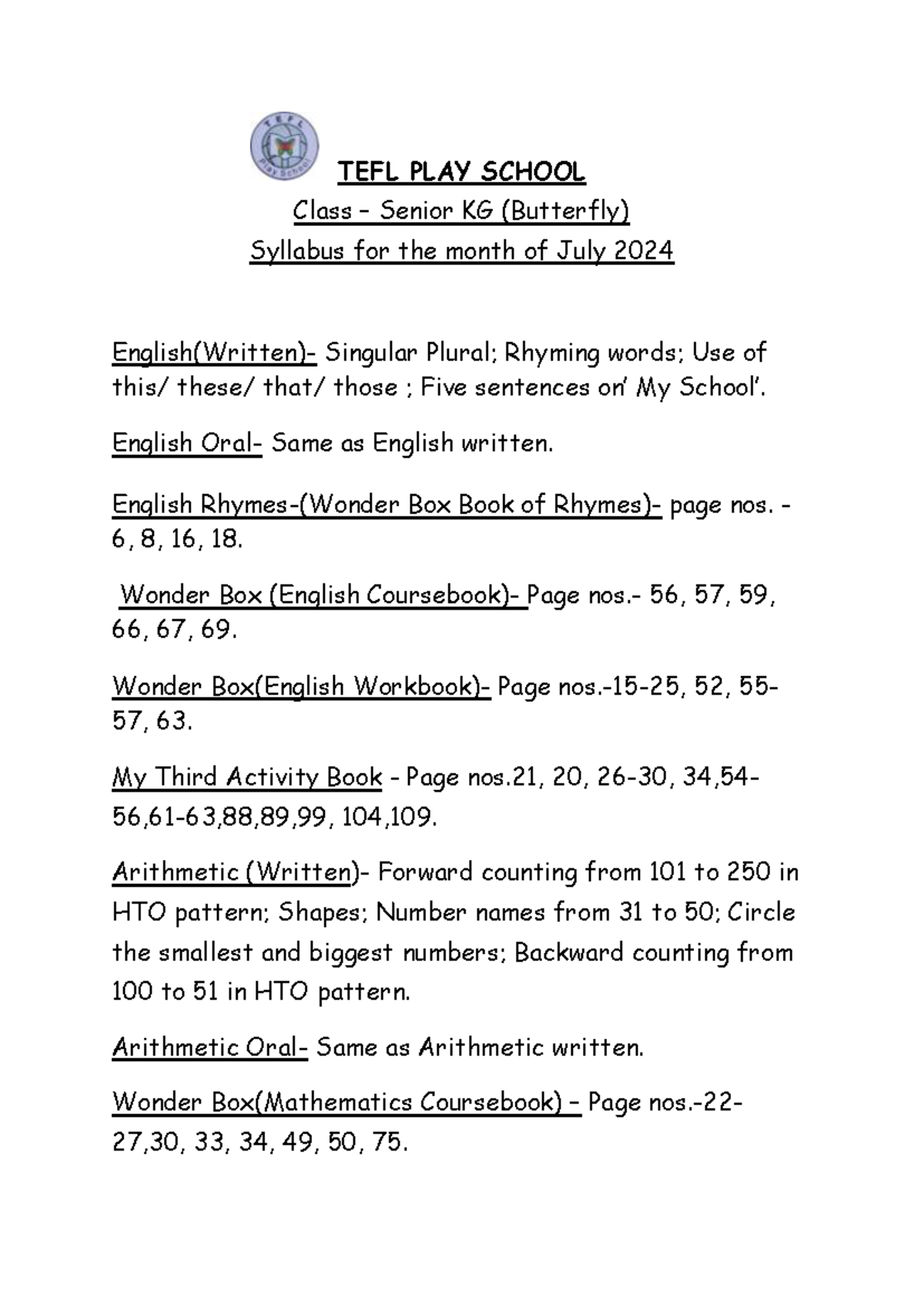 Sr.KG. syllabus july 2024 - TEFL PLAY SCHOOL Class – Senior KG ...