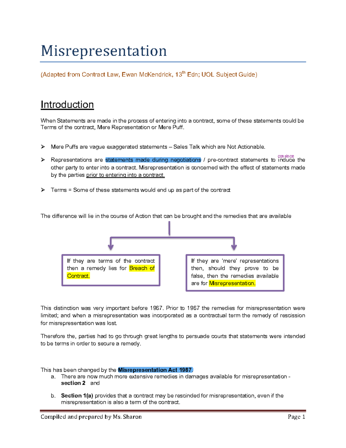 Contract Law Misrepresentation Misrepresentation Adapted From Contract Law Ewan Mckendrick