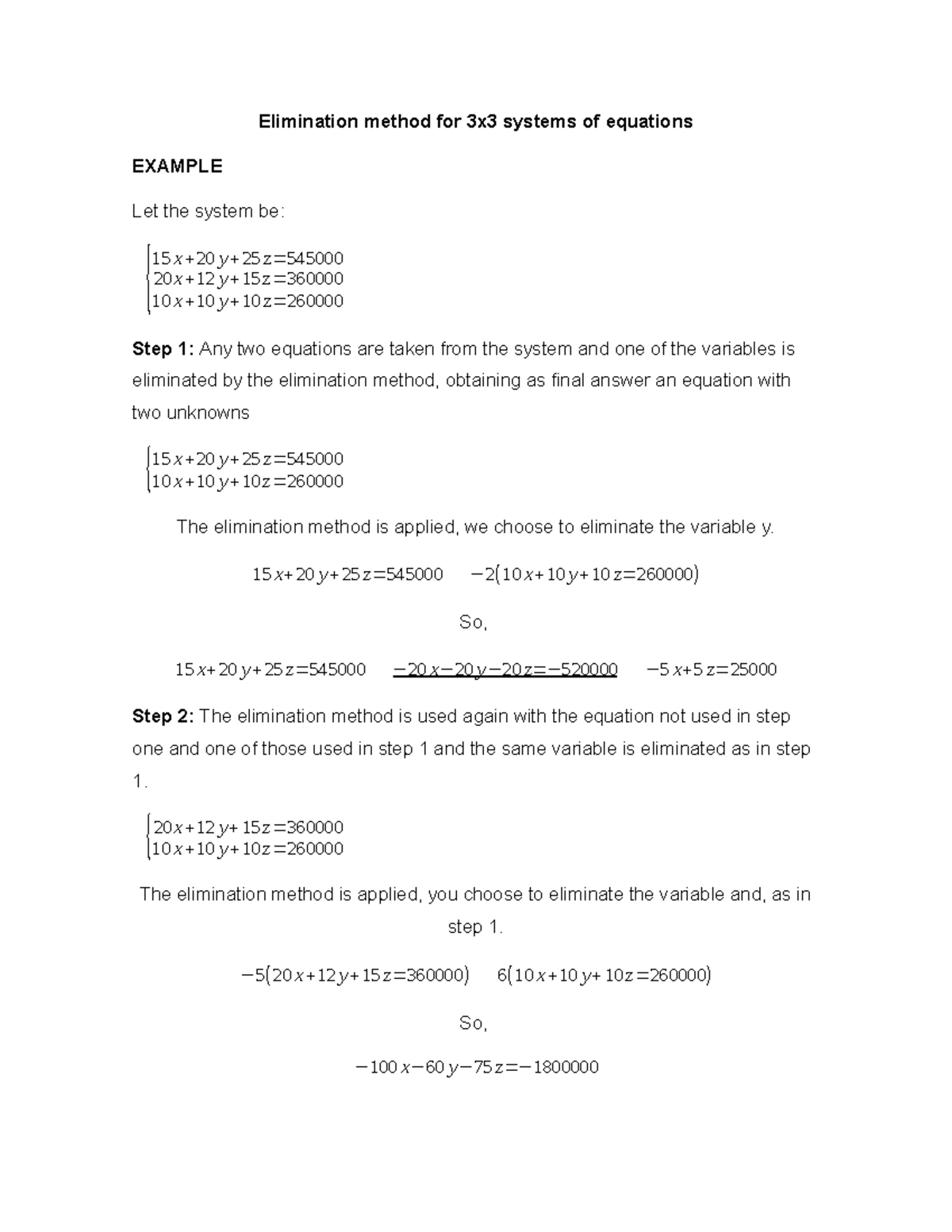 Example Elimination method for 3x3 systems of equations - Elimination ...