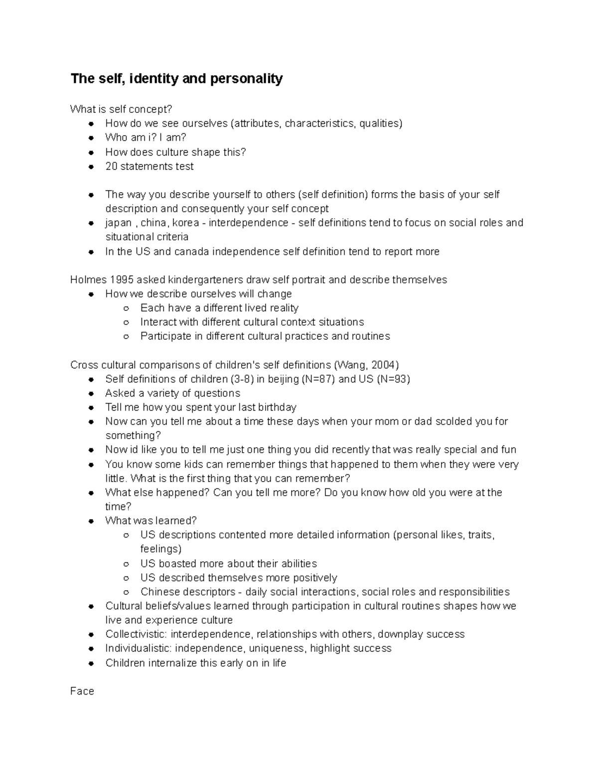 Ch. 7 notes - The self, identity and personality What is self concept ...
