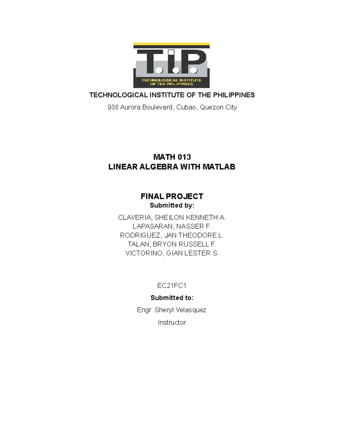 Final Na Final Na Matlab Na 1 Technological Institute Of The Philippines 938 Aurora Boulevard 