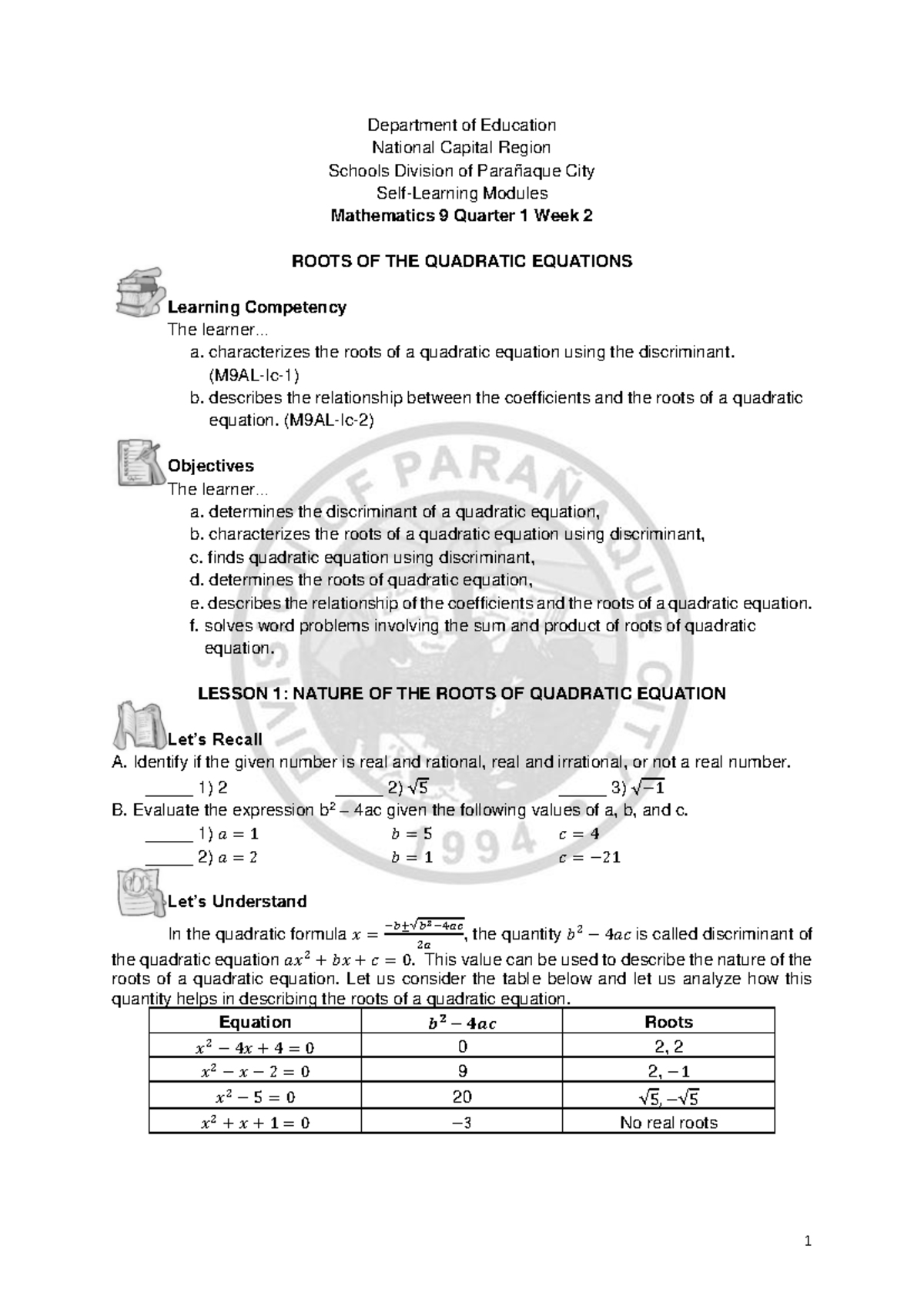 Mathematics 9 Quarter 1 Module 2 WEEK2 - Department of Education National Capital Region Schools ...