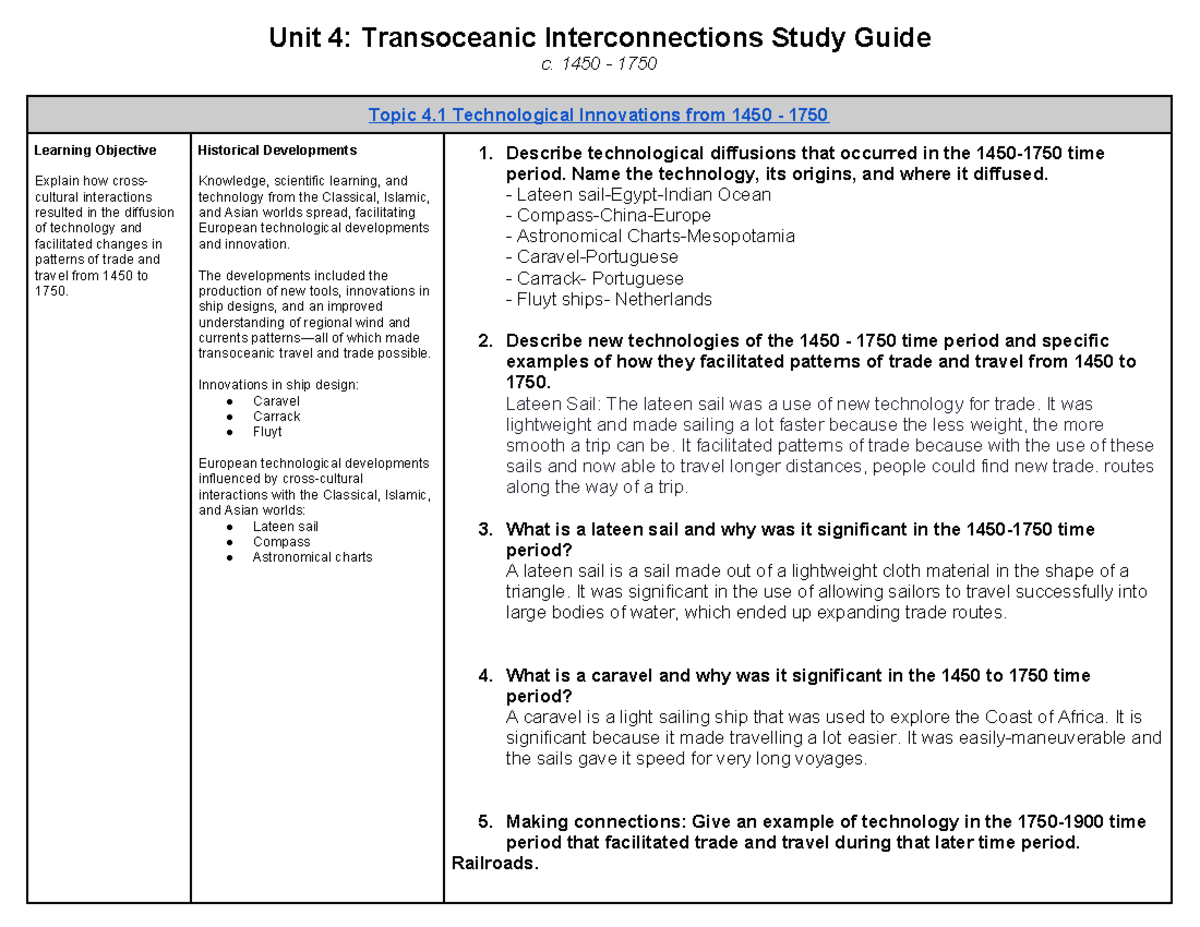 Unit 4 Study Guide Answers - Unit 4: Transoceanic Interconnections Study Guide c. 1450 - 1750 ...