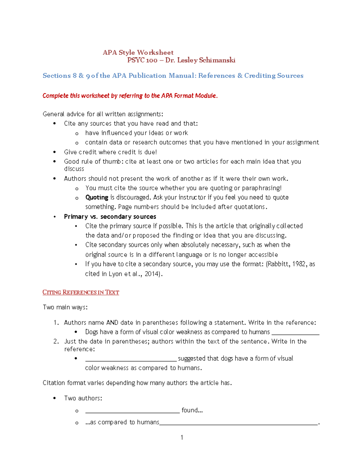 APA Style Worksheet-converted - 1 APA Style Worksheet PSYC 100 – Dr ...