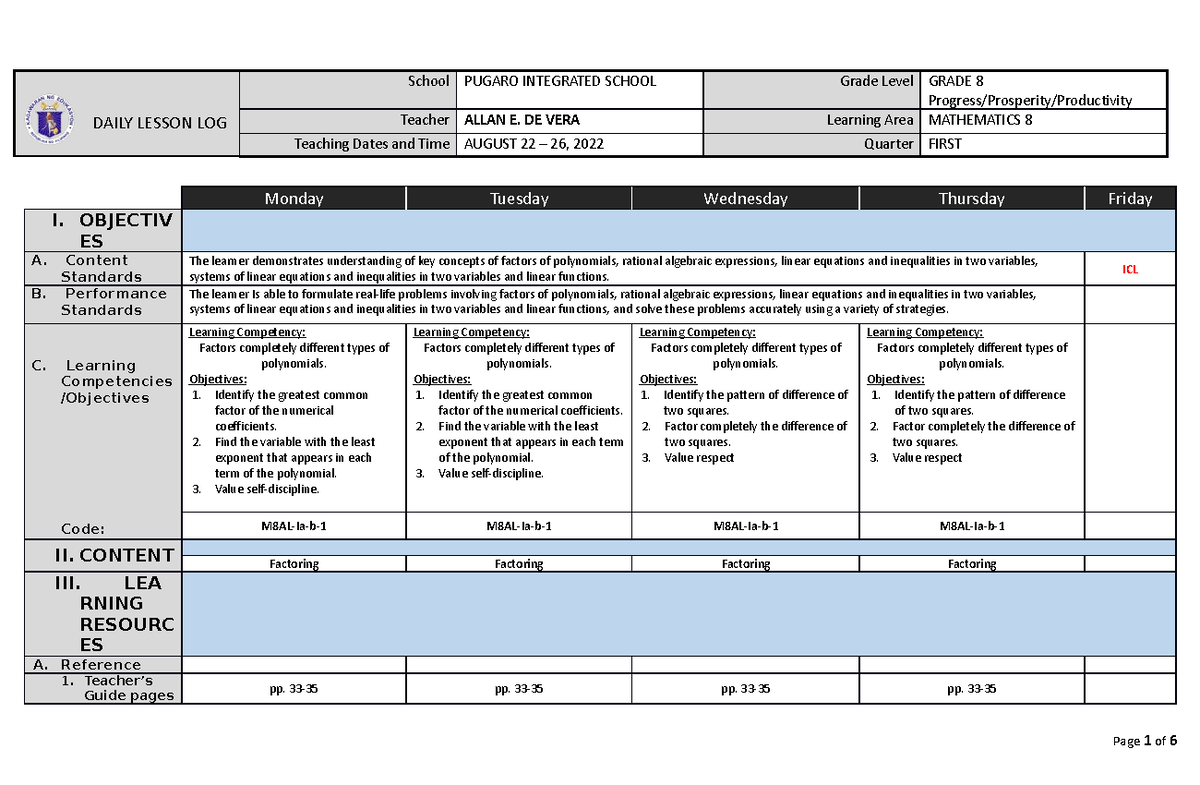 DLL MATH8 Q1 Week1 - 123 - DAILY LESSON LOG School PUGARO INTEGRATED ...