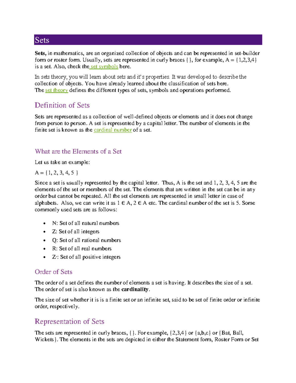 Sets notes - Sets Sets, in mathematics, are an organized collection of ...