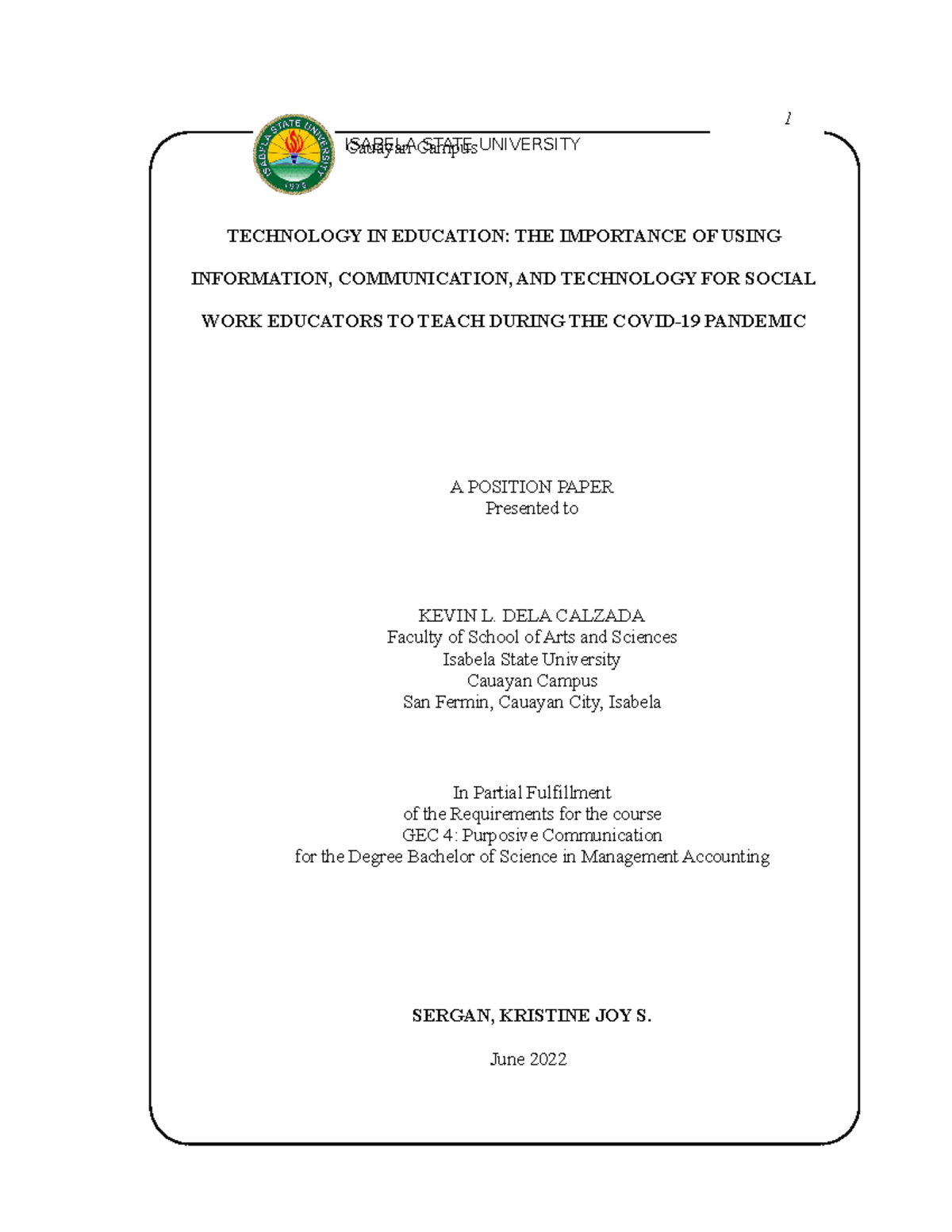 Position Paper - TECHNOLOGY IN EDUCATION: THE IMPORTANCE OF USING ...