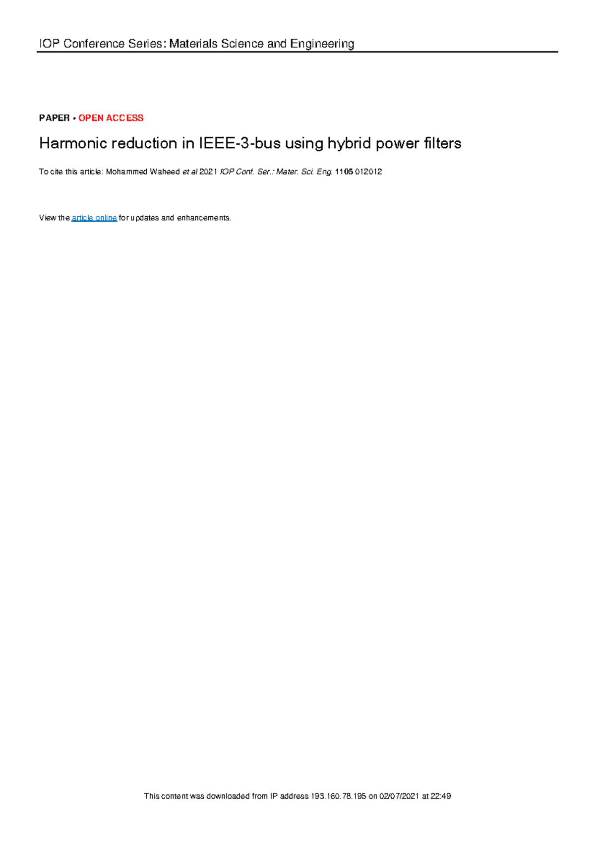 Harmonic reduction in IEEE-3-bus using hybrid powe - IOP Conference ...