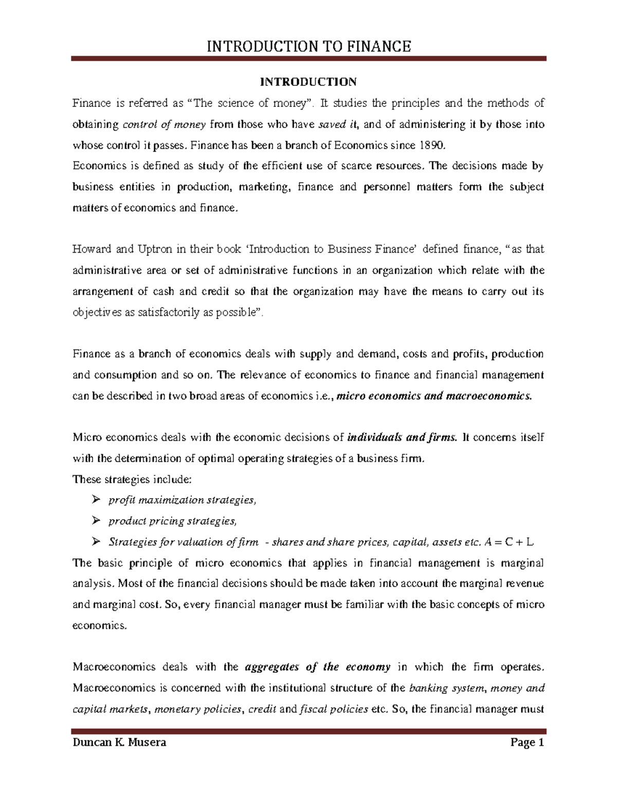 Introduction to Finance-St Pauls University - INTRODUCTION Finance is ...