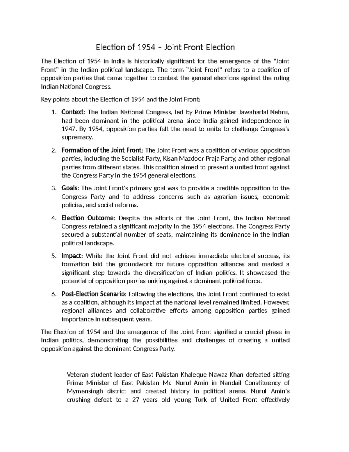 Notes on the Elections - 1970 election - Election of 1954 – Joint Front ...