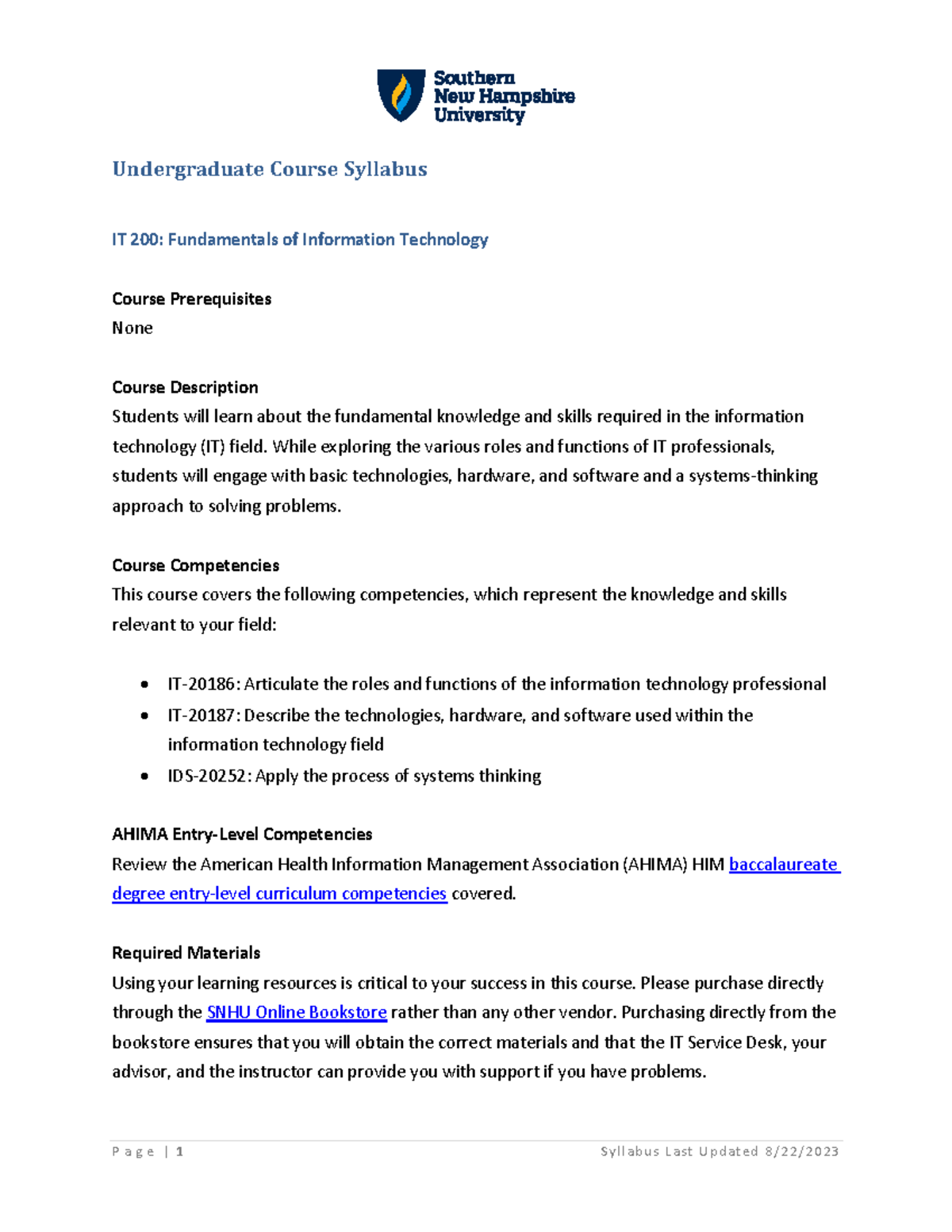 IT 200 Syllabus SNHU - helped a lot - Undergraduate Course Syllabus IT ...