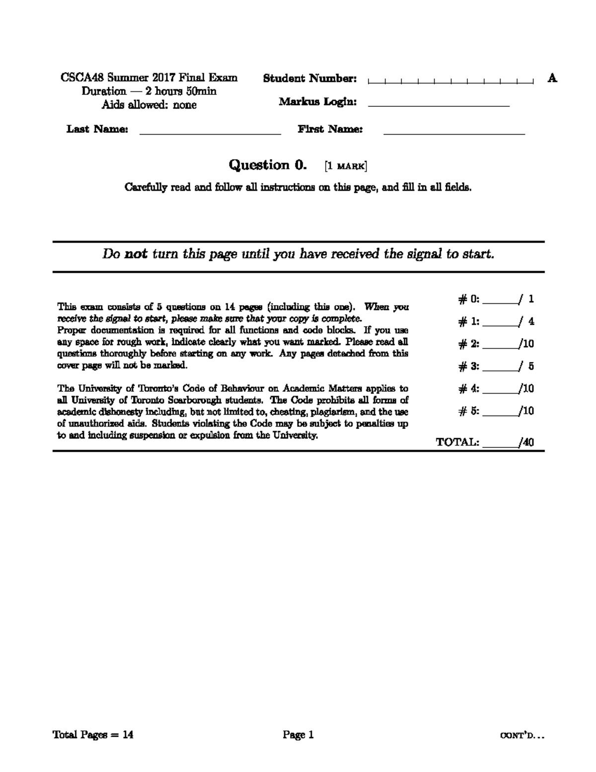 Ex6 - term tests - CSCA48 Summer 2017 Final Exam Student Number: A ...