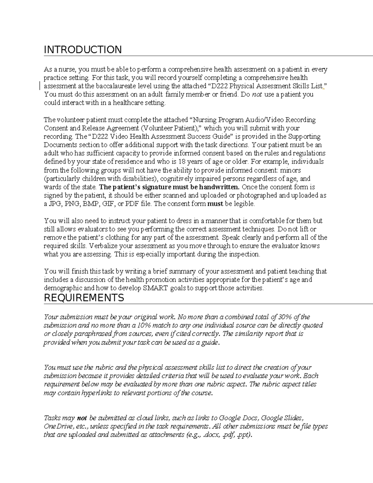 D222 Task Rubric - D222 Task Directions - INTRODUCTION As a nurse, you must be able to perform a ...