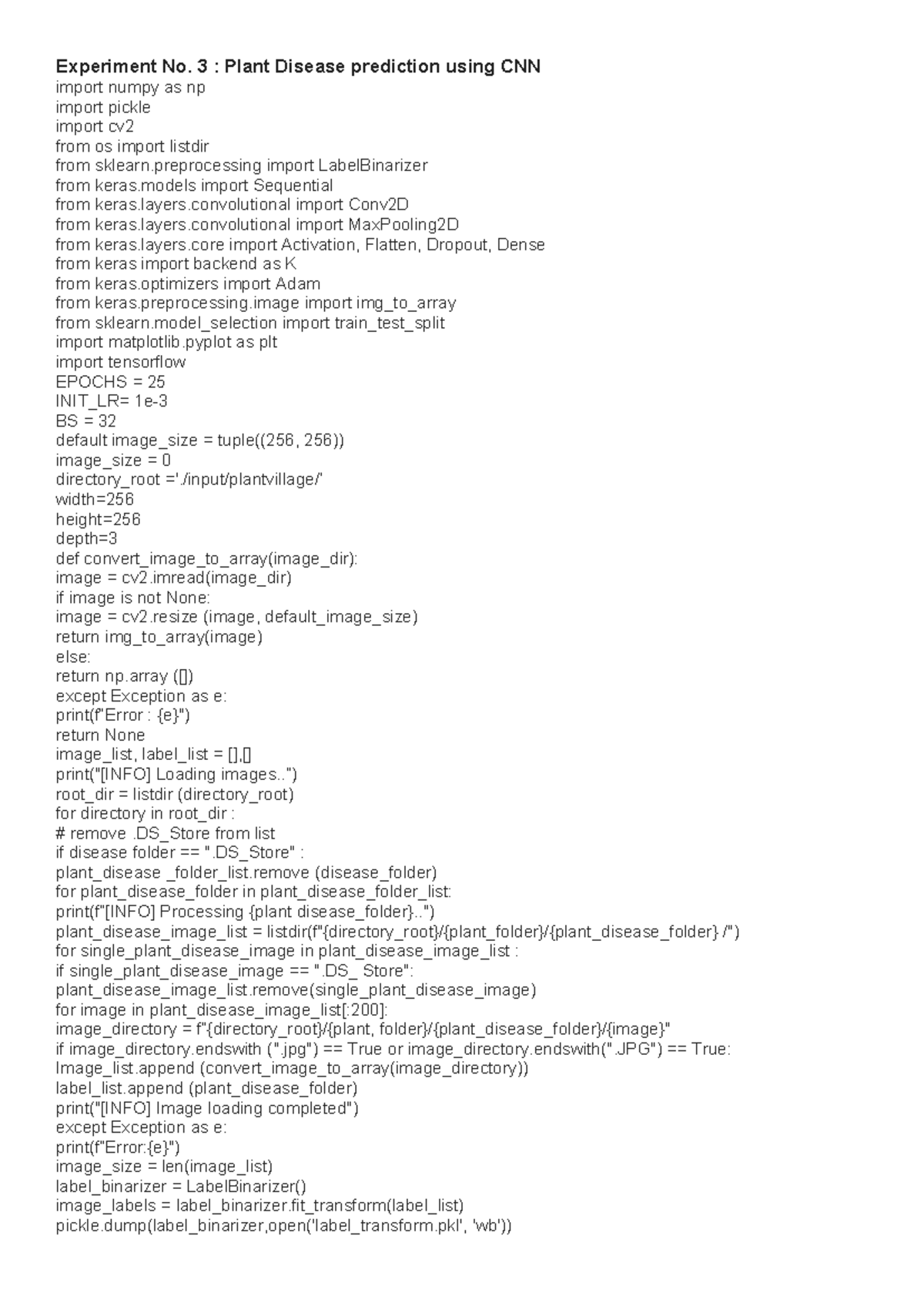 Deep learning practical -3 codes - Experiment No. 3 : Plant Disease prediction using CNN import ...