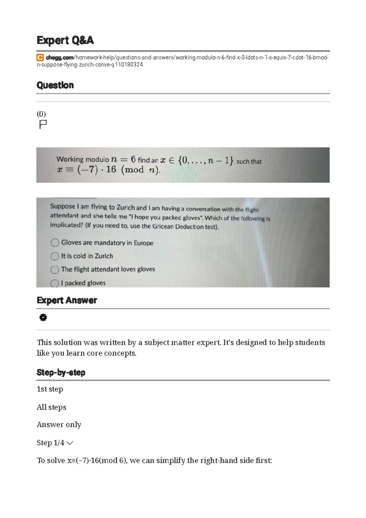 Working modulo n=6 find an x∈{0, Chegg - Exper t Q&A - Studocu